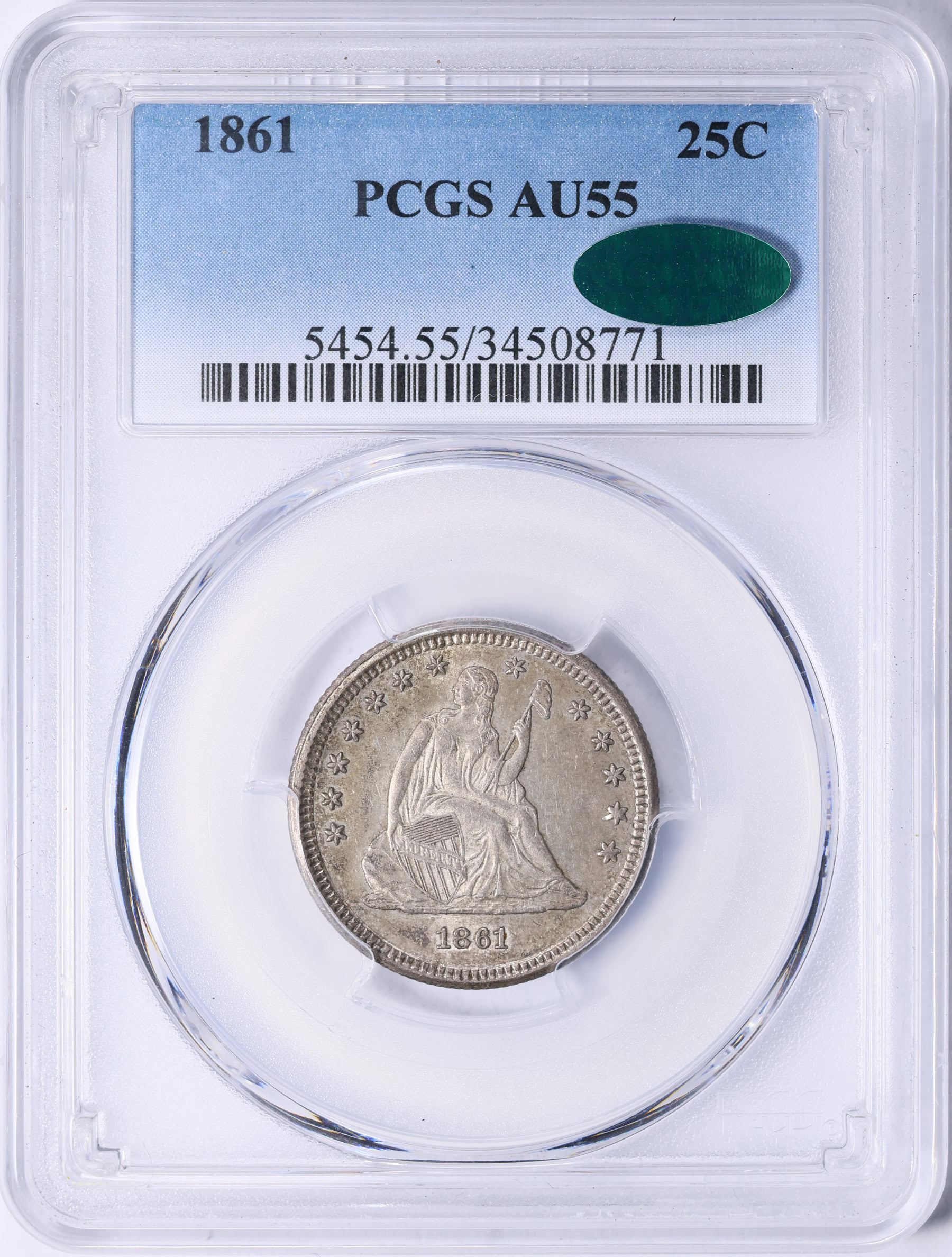 1861 Seated Liberty Quarter PCGS AU-55 (CAC Green) (Item 2053050 ...