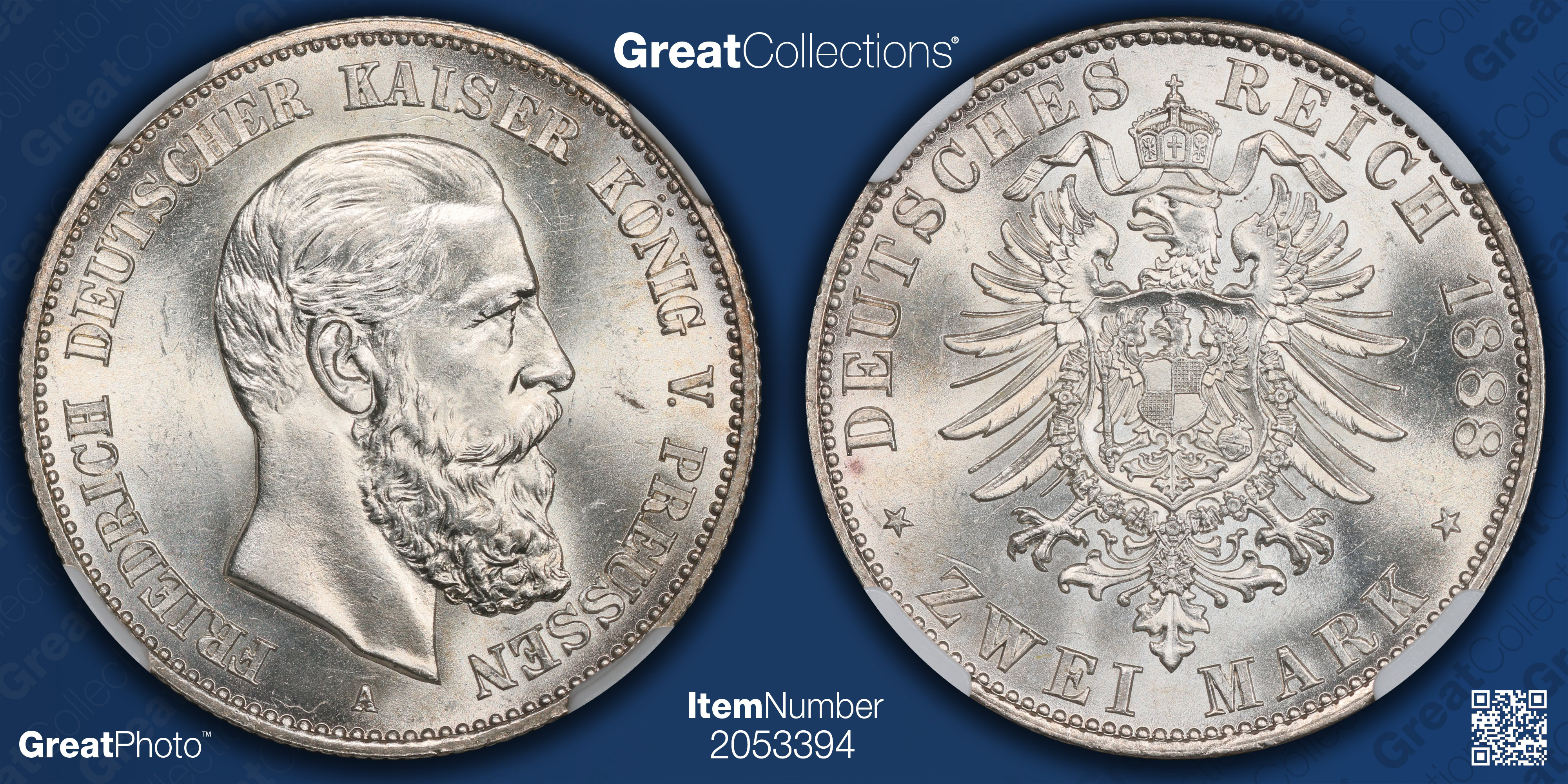 Germany - Prussia 1888-A Silver 2 Marks Friedrich III KM-510 NGC MS-64 ...