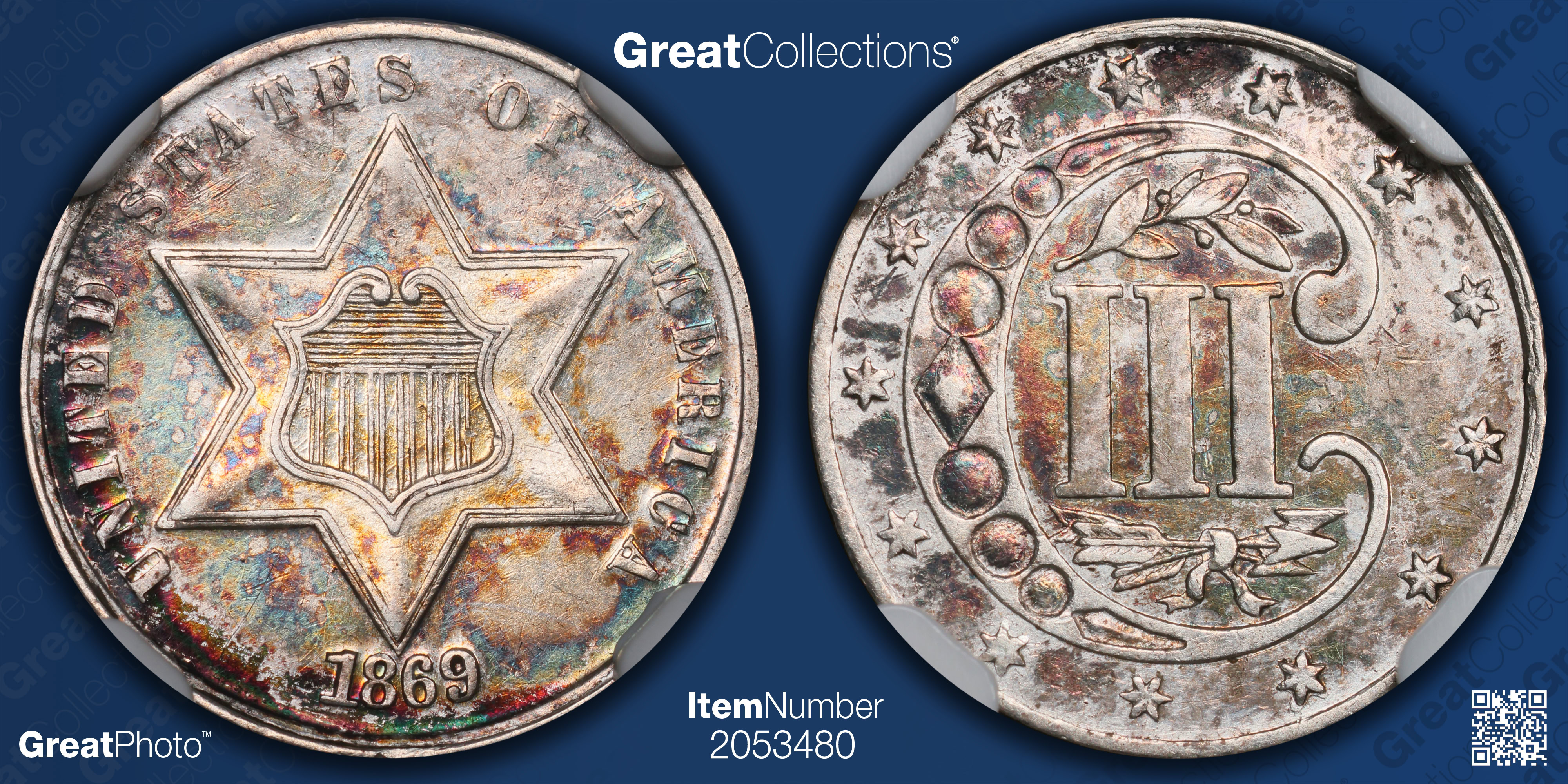 1869/8 Silver Three-Cent Piece NGC AU-55 (Toned) (Item 2053480 ...
