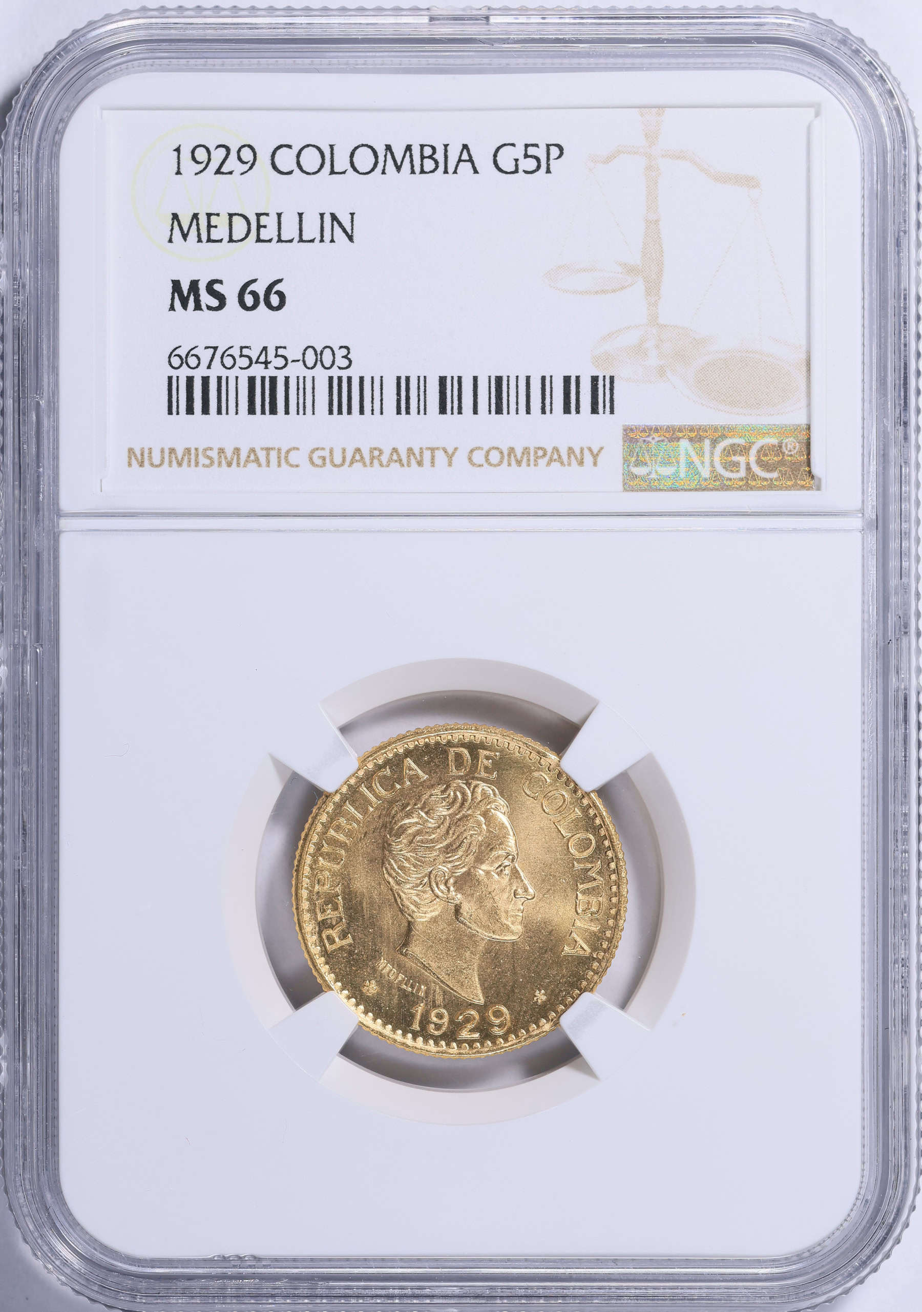 Colombia 1929 Gold 5 Pesos MFDFLLIN KM-204 NGC MS-66 (AGW = 0.2355 oz ...