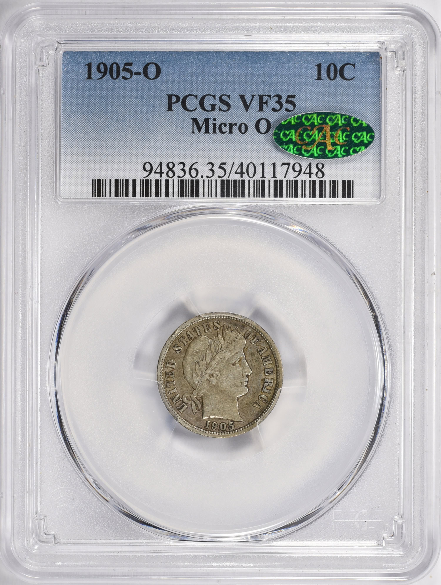 1905-O Barber Dime Micro O PCGS VF-35 (CAC Green) (Item 2053590 ...