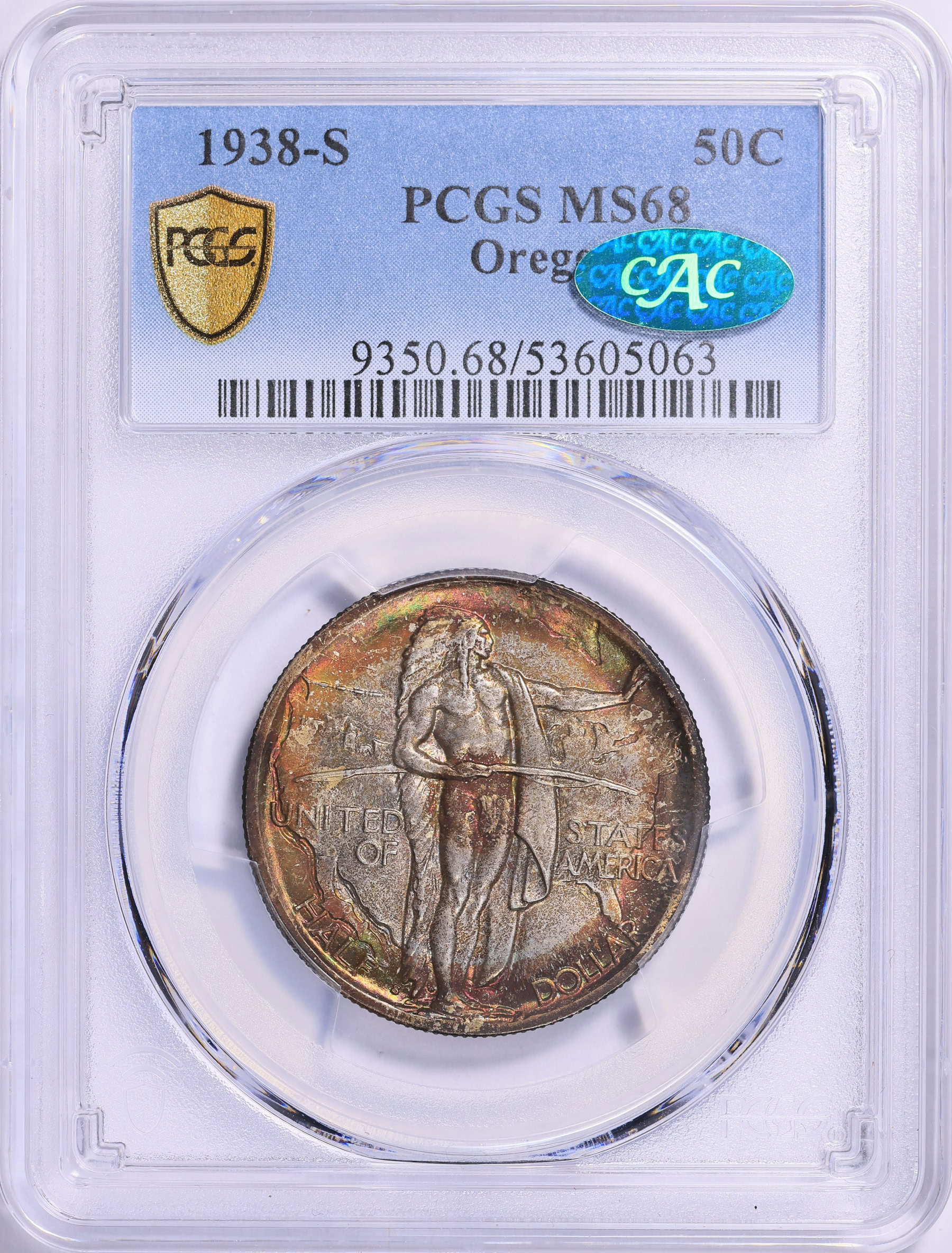 1938-S Oregon Trail Memorial Half Dollar PCGS MS-68 (CAC Green) (Toned ...