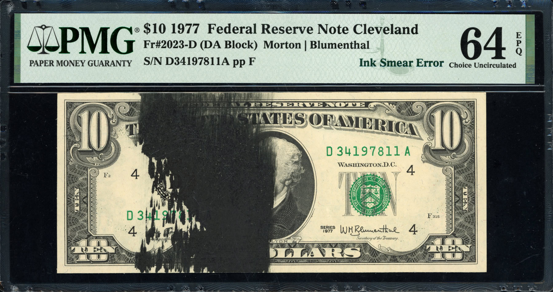 Fr. 2023-D (DA Block) 1977 $10 Cleveland Federal Reserve Error Note ...