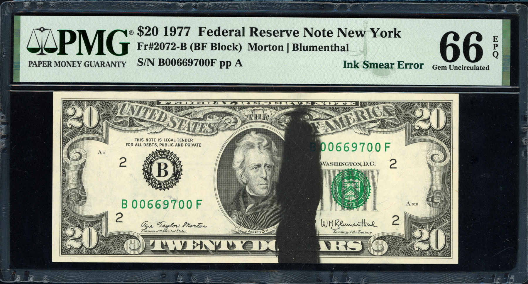 Fr. 2072-B (BF Block) 1977 $20 New York Federal Reserve Error Note *Ink ...