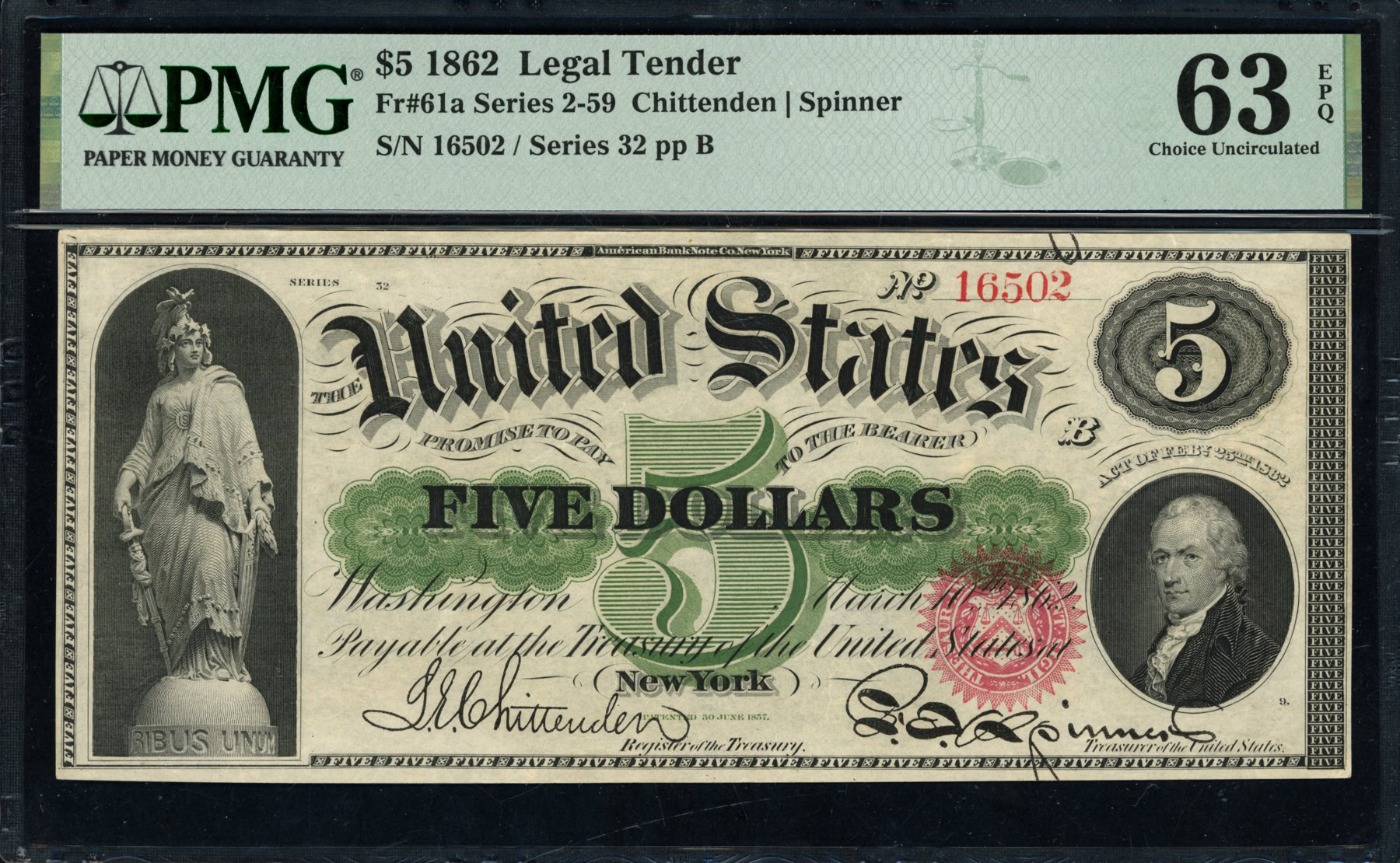 Fr. 61a 1862 $5 Legal Tender Type 1 Note Series 32 Chittenden / Spinner ...