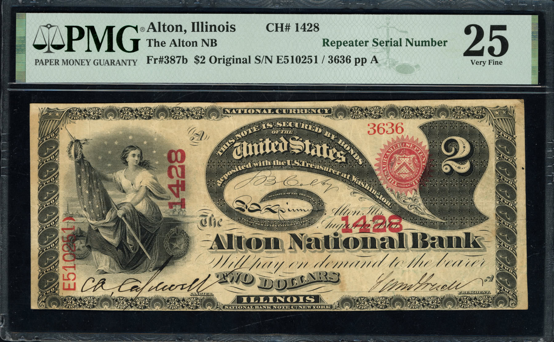 Fr. 387b Alton, Illinois Original Period $2 Note *Repeater Serial ...