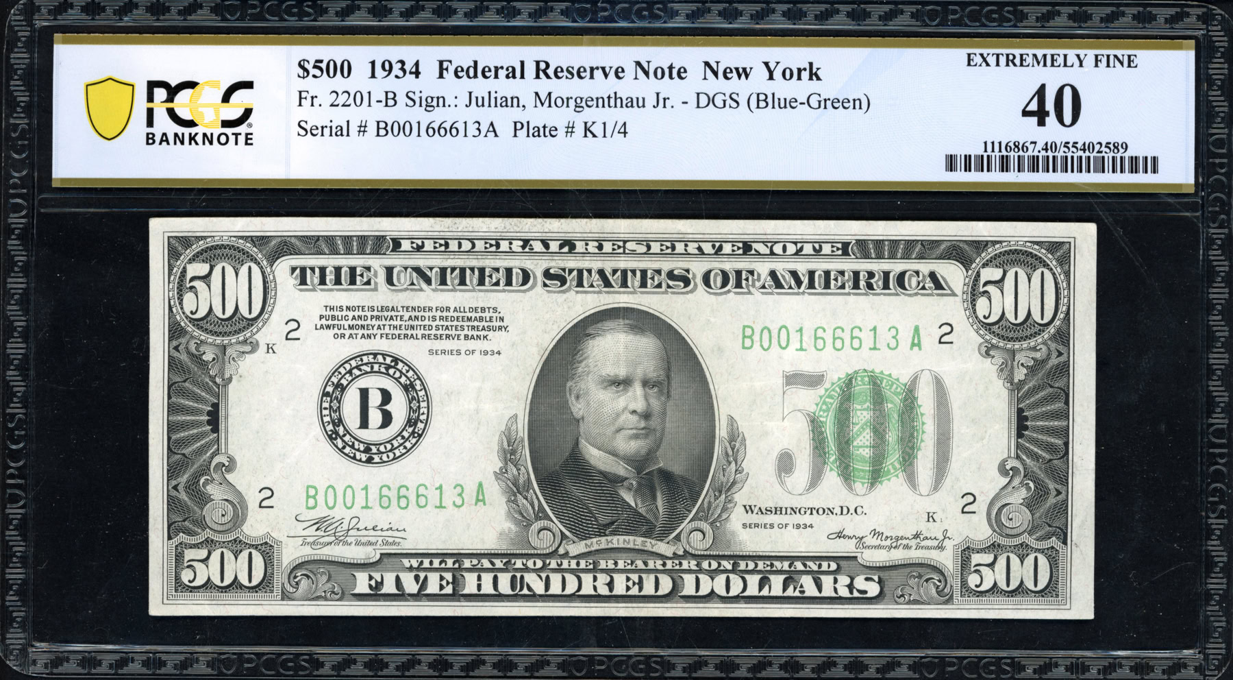 Fr. 2201-Bdgs Dark Green (BA Block) 1934 $500 New York Federal Reserve ...