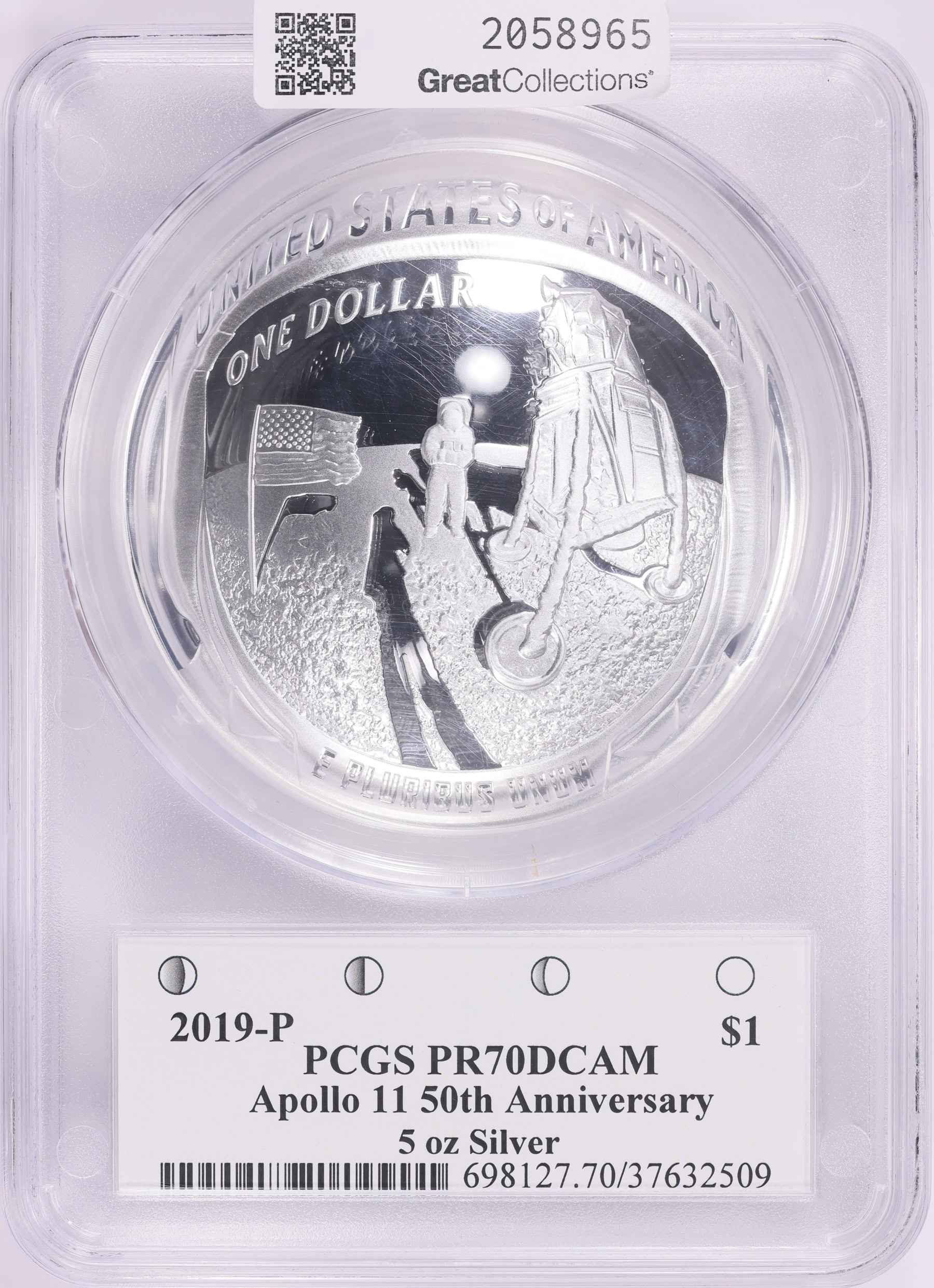 2019-P Apollo 11 50th Anniversary Silver $1 5 Oz. PCGS Proof-70 DCAM ...