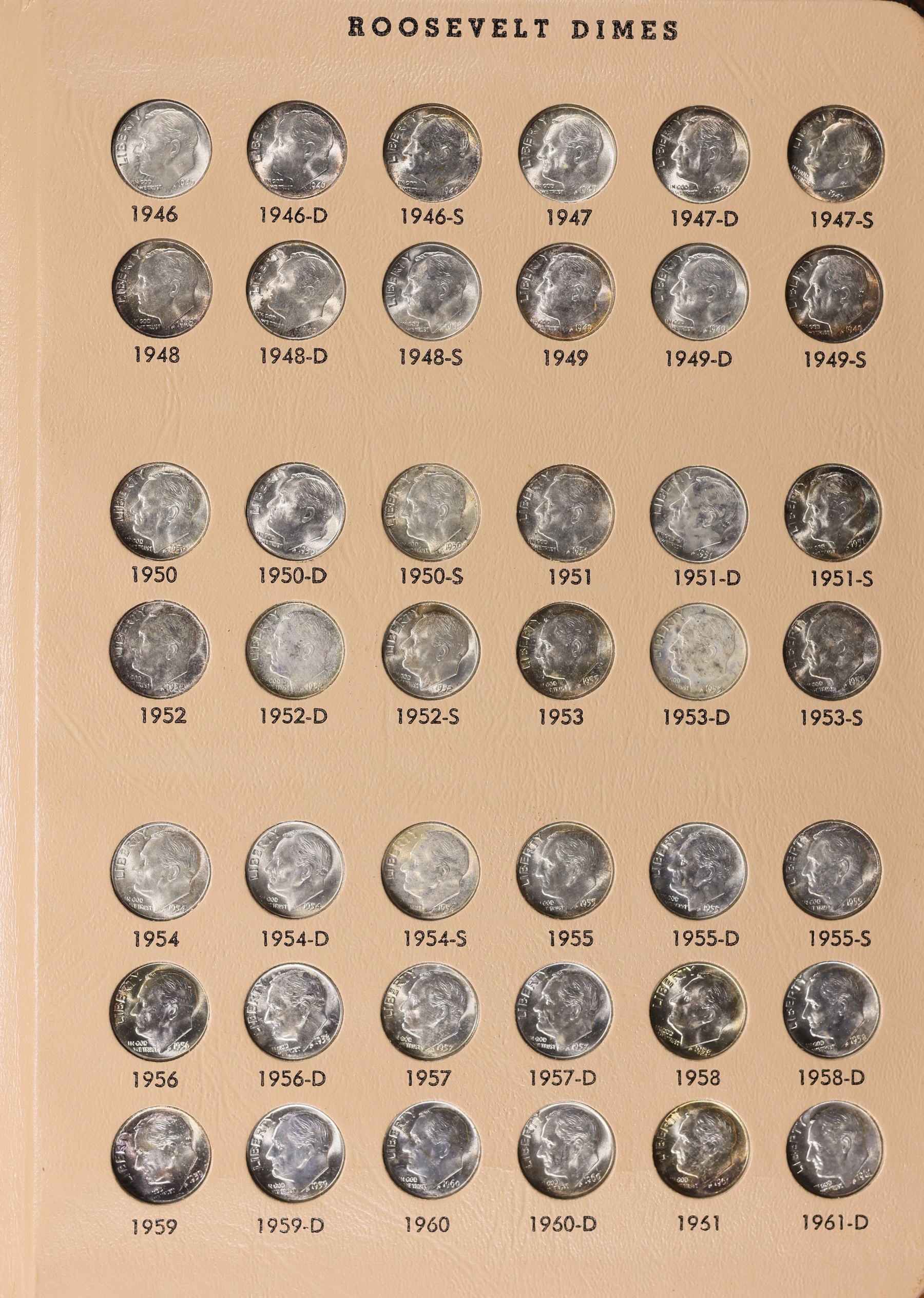 1946 - 1982 Roosevelt Dime Collection Uncertified in Dansco Album (94 ...