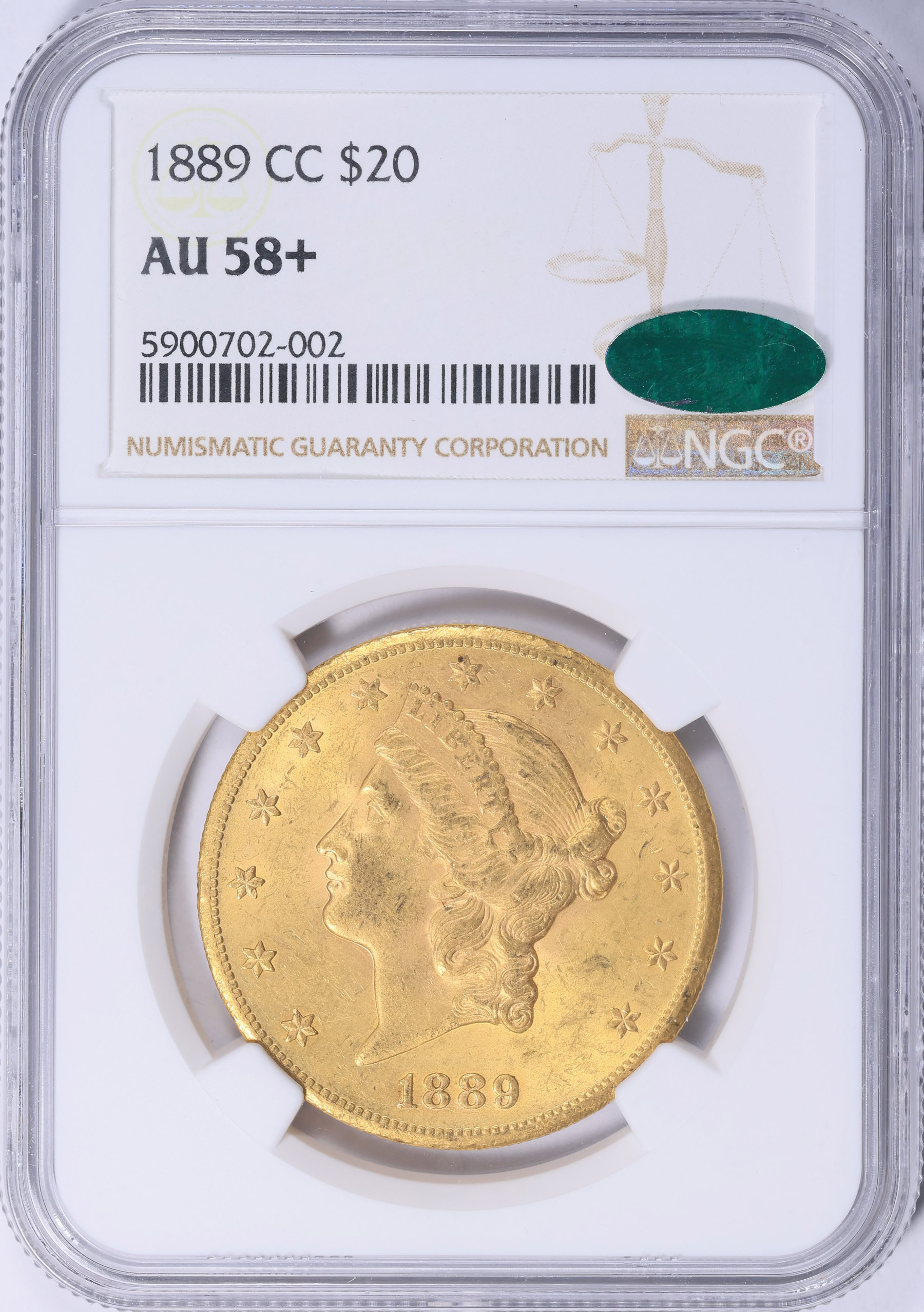 1889-CC Liberty Gold Double Eagle NGC AU-58+ (CAC Green) (Item 2060132 ...