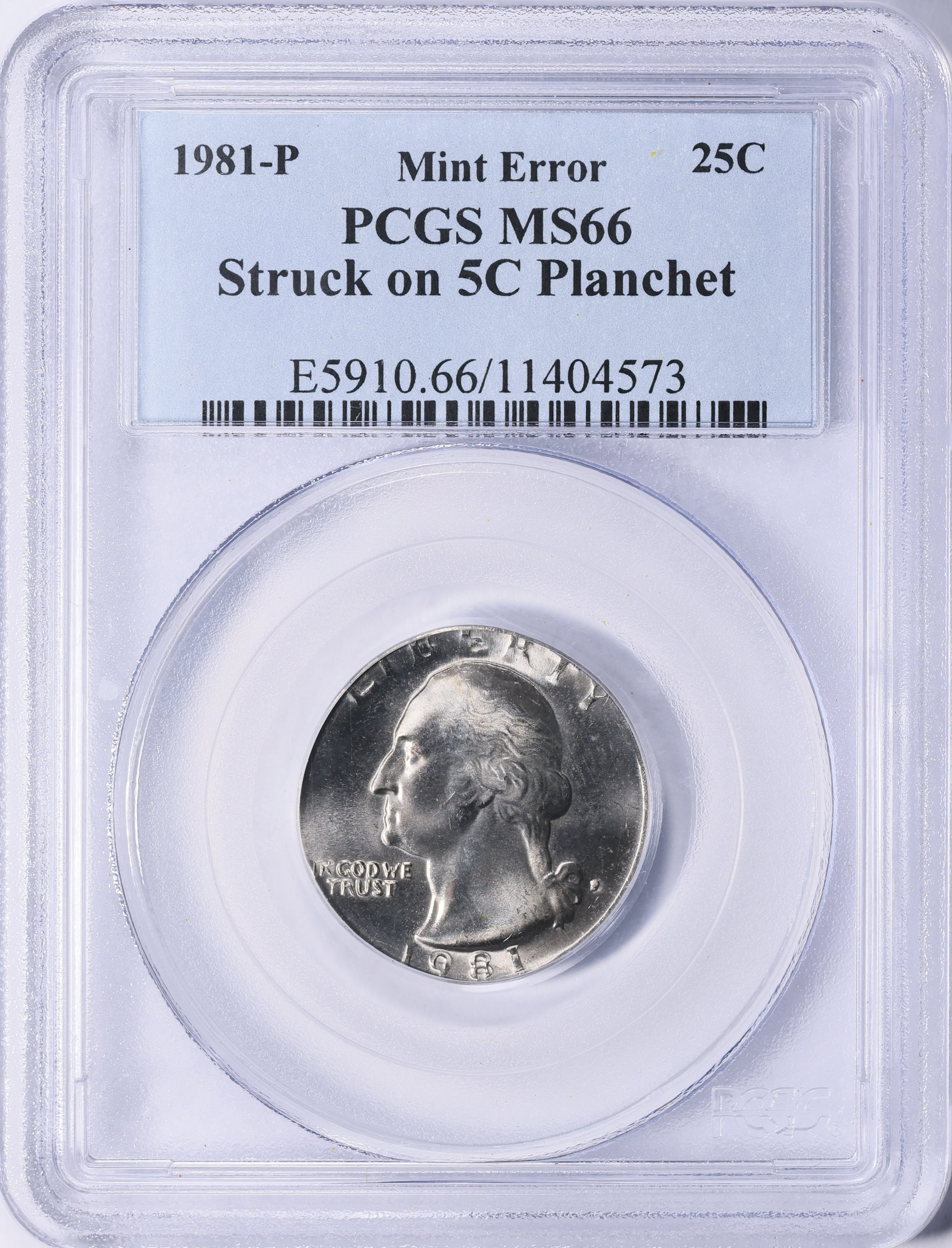 Mint Error 1981-P Washington Quarter Struck on 5c Planchet PCGS MS-66 ...