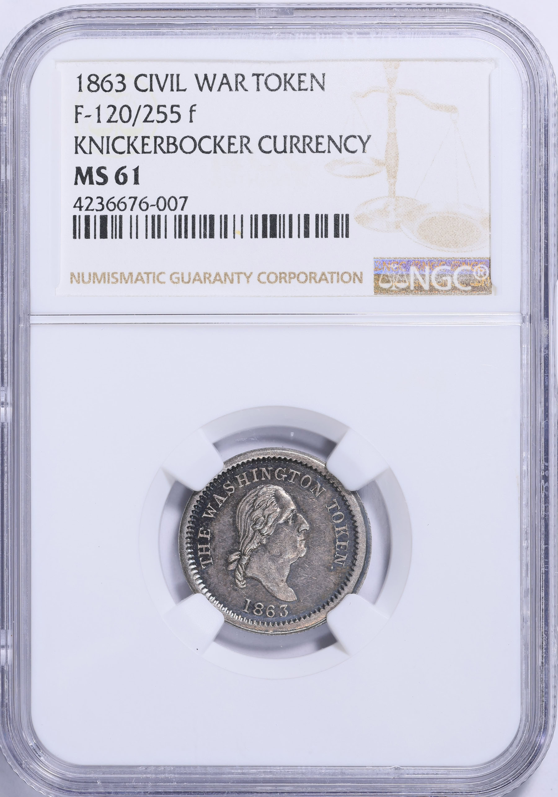 1863 Silver Washington - Knickerbocker Currency Civil War Token F-120 ...