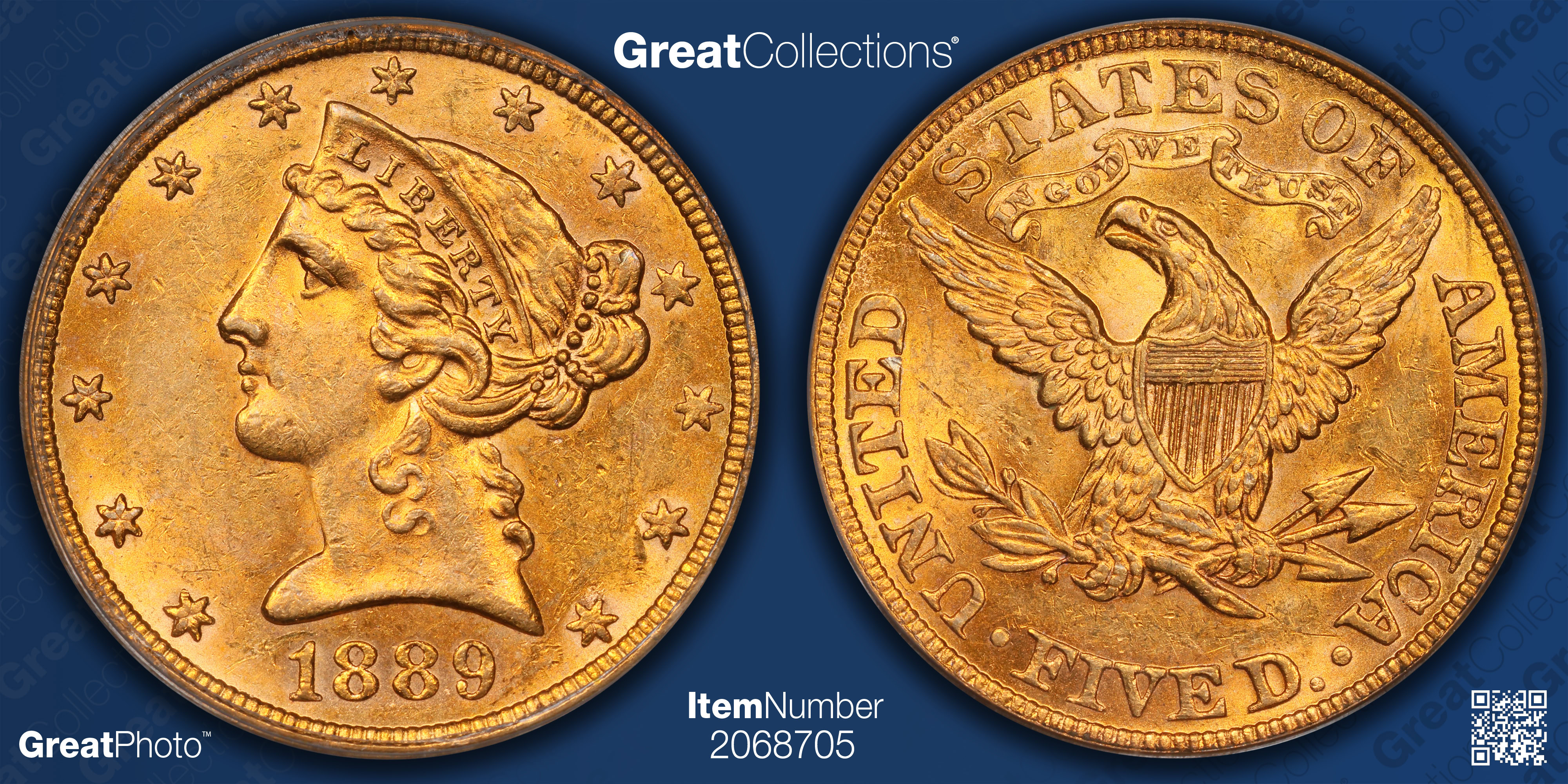 1889 Liberty Gold Half Eagle PCGS AU-55 (CAC Gold) OGH (Item 2068705 ...
