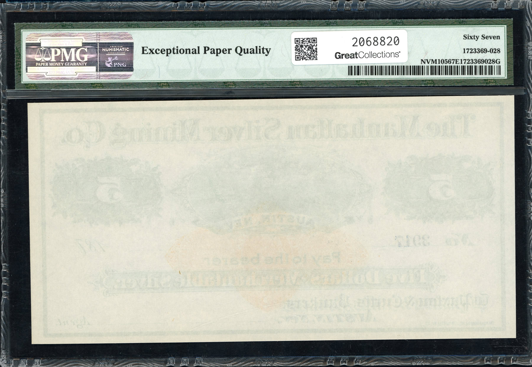 1870s Austin, Nevada Manhattan Silver Mining Co. $5 in Merchantable ...