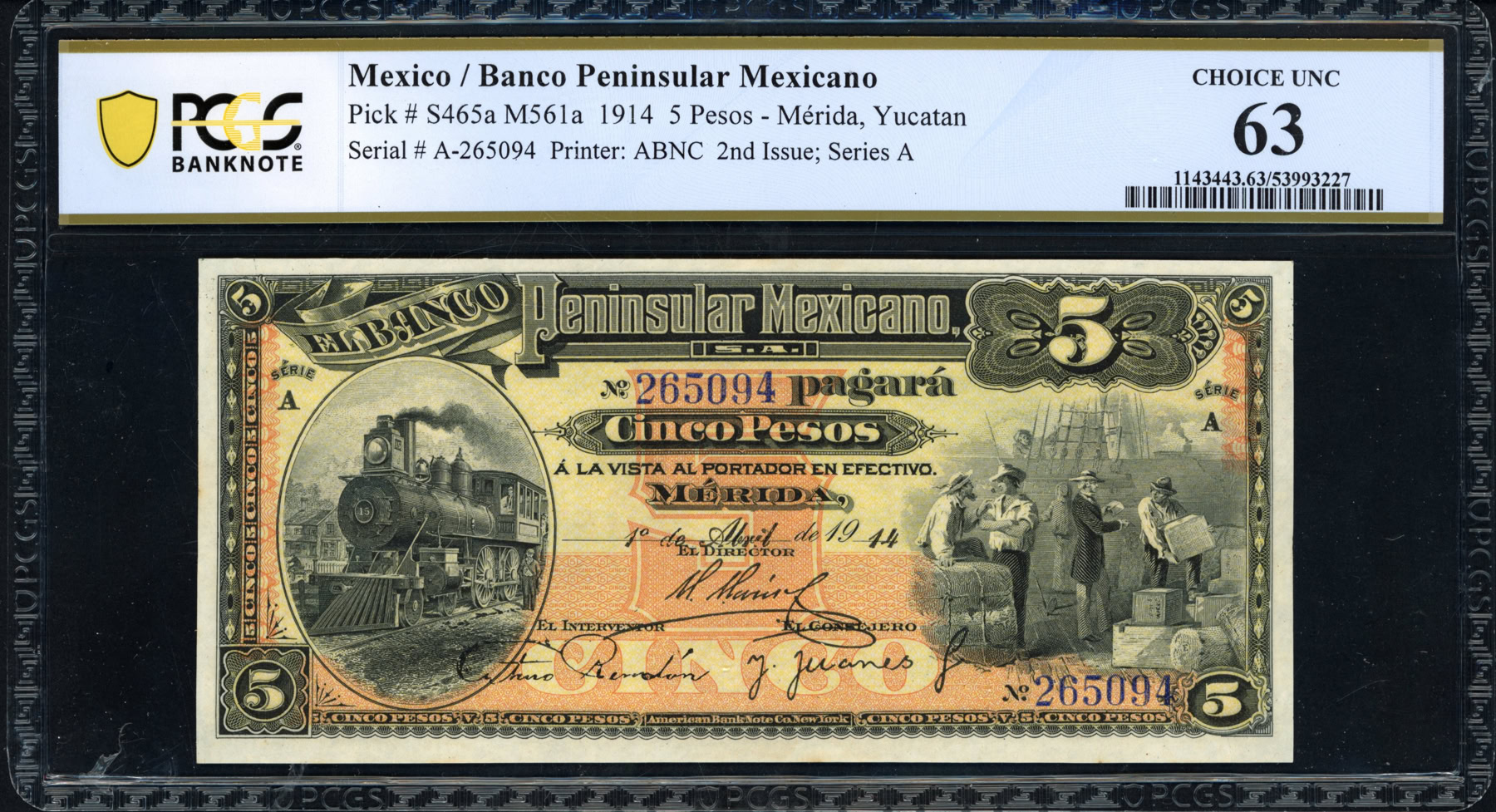 Mexico 1914 5 Pesos Banco Peninsular Mexicano Notes *Sequential Serial ...