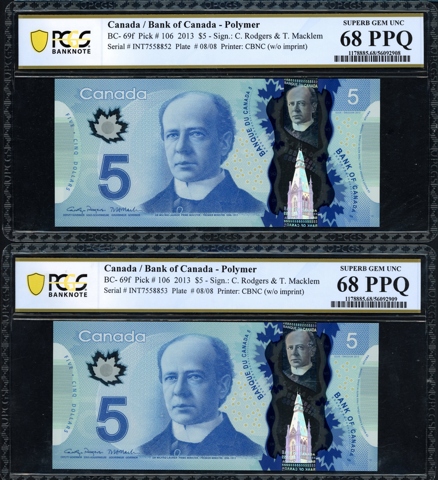 Canada 2013 $5 Bank of Canada Notes *Sequential Serial Number Run ...