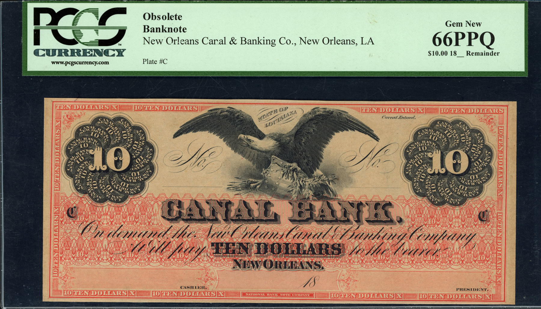1860s New Orleans, Louisiana New Orleans Canal & Banking Co. $10 ...