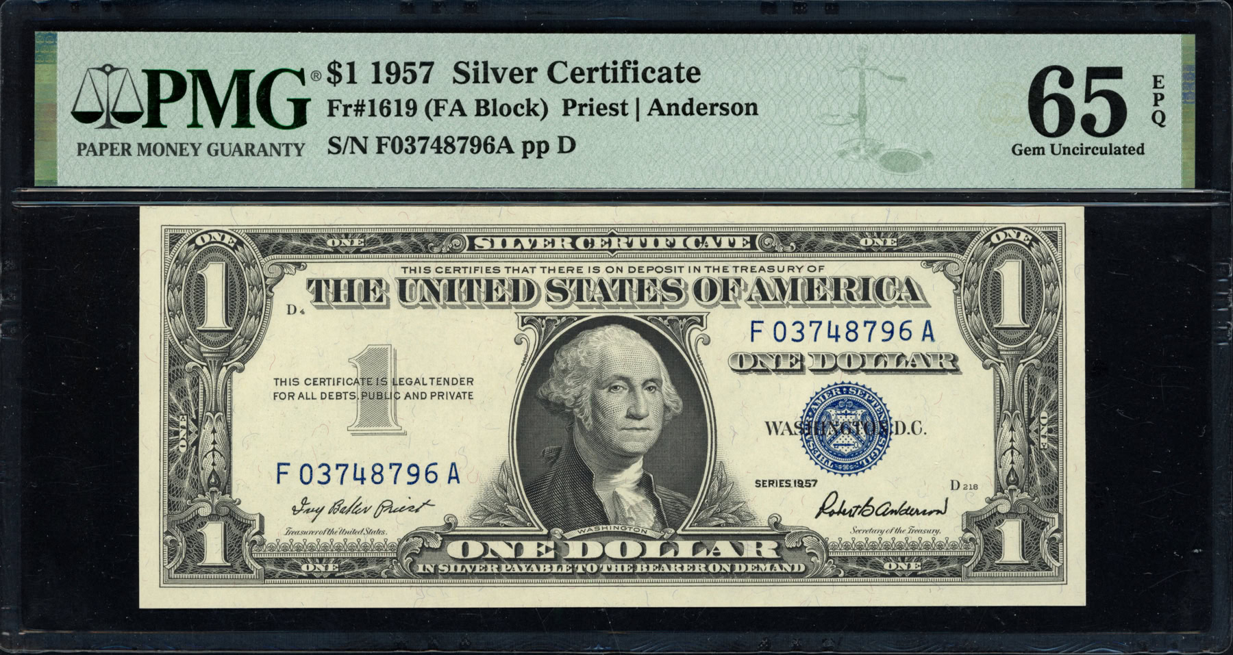 Fr. 1619 (FA Block) 1957 $1 Silver Certificate Note Priest / Anderson ...