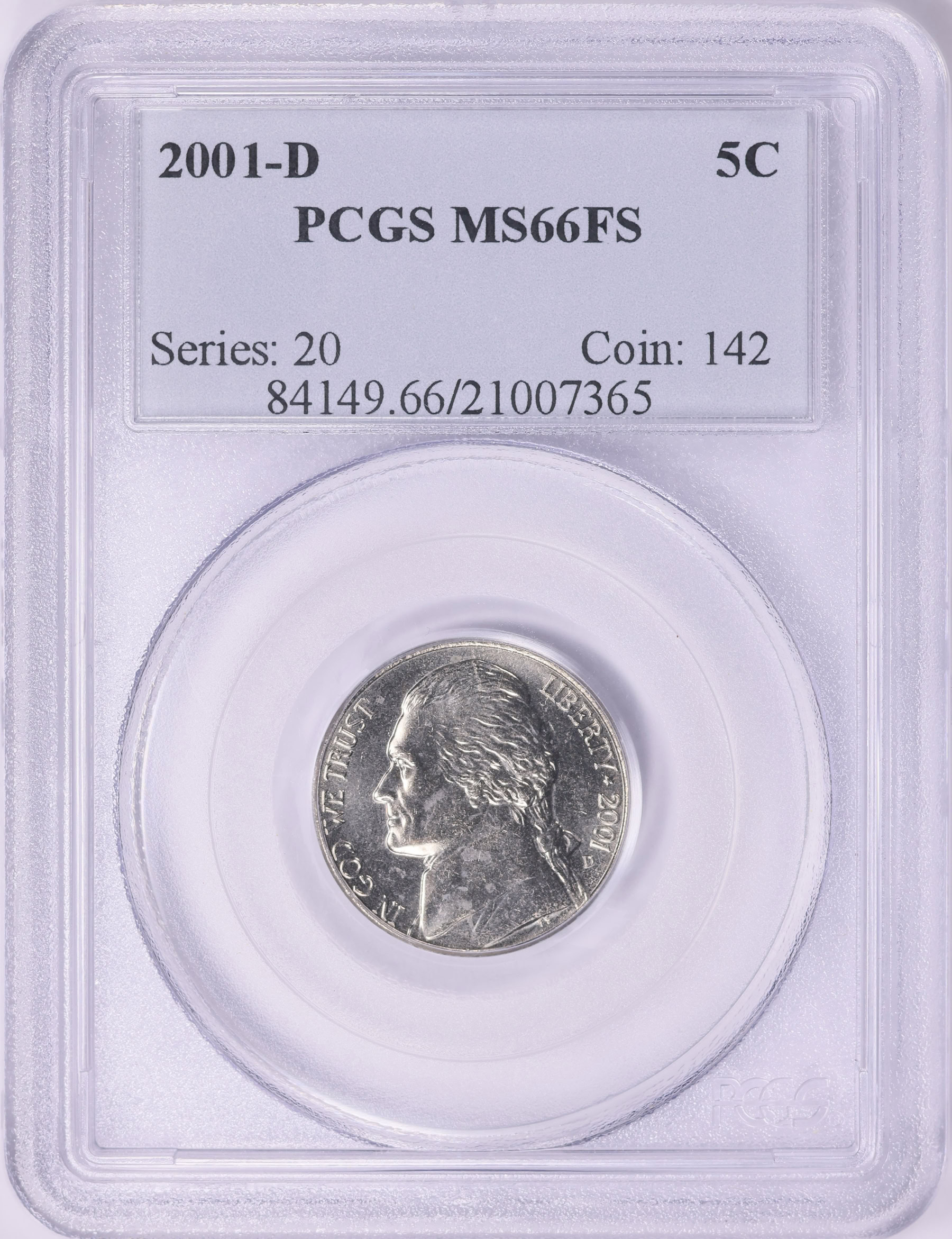 2001-D Jefferson Nickel PCGS MS-66 FS (Item 2073688) | GreatCollections ...
