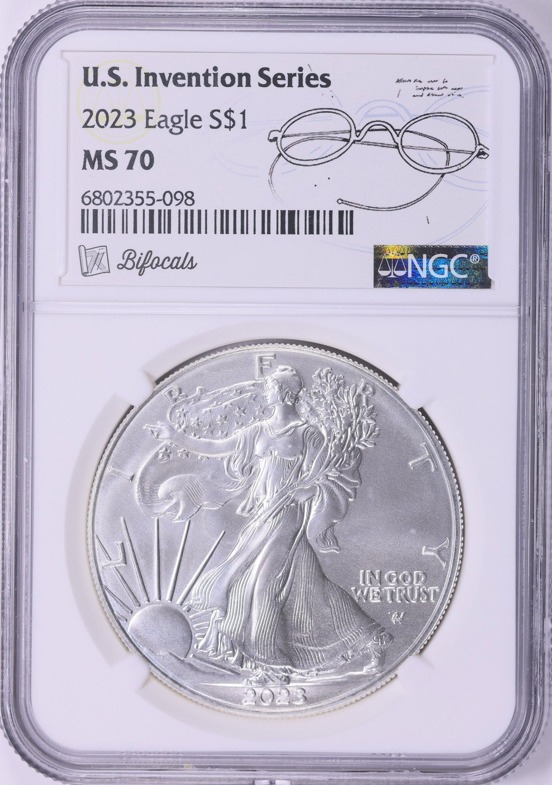 2023 $1 Silver Eagle NGC MS-70 (U.S Invention Series Bifocals Label ...