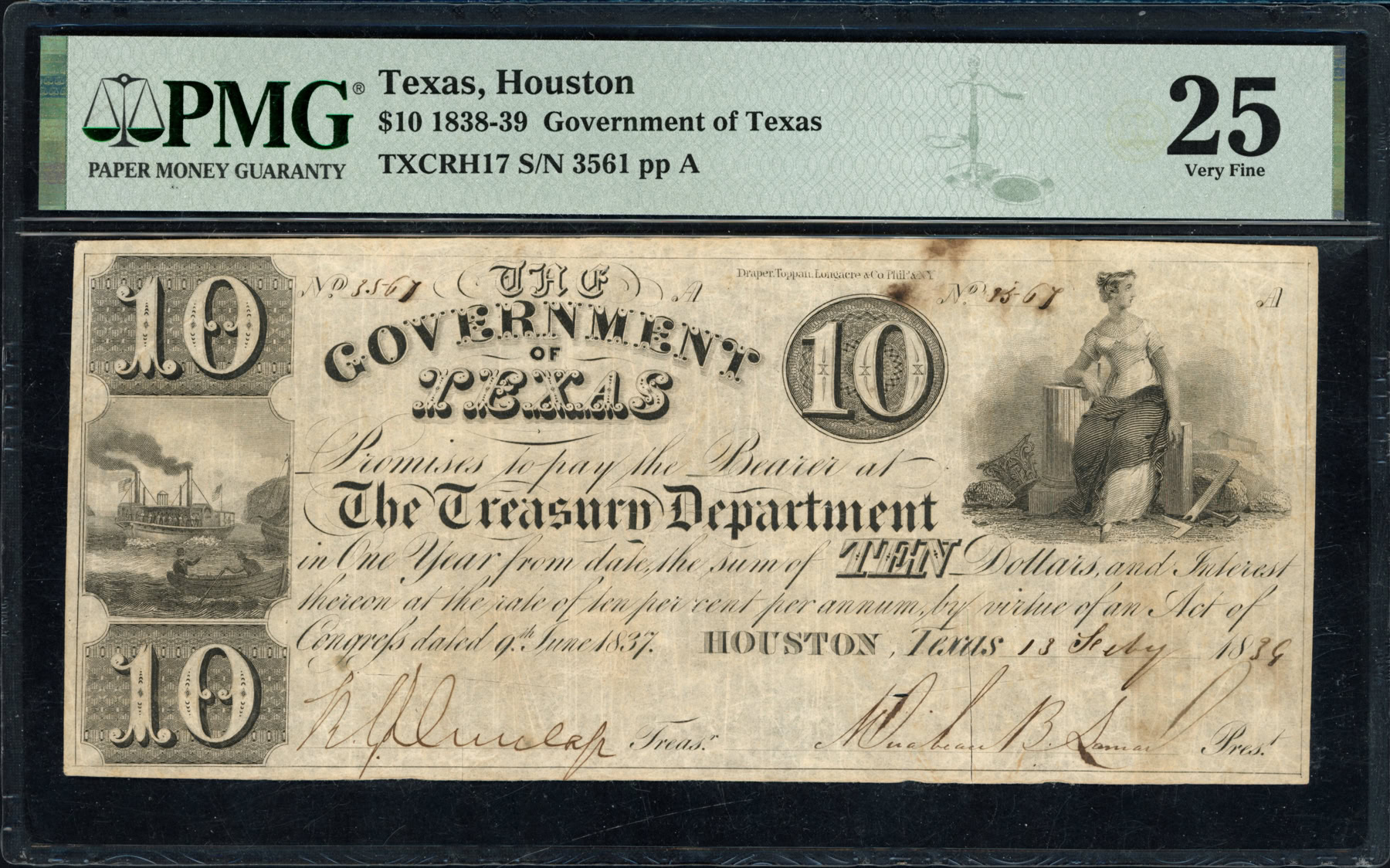 Jul. 13, 1839 Houston, Texas Government of Texas $10 Note PMG Very Fine ...