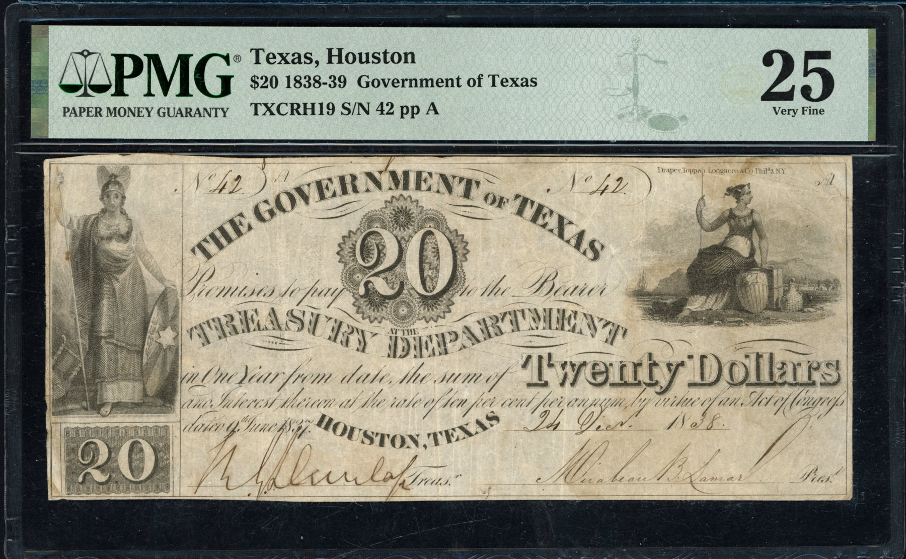 Dec. 21, 1838 Houston, Texas Government of Texas $20 Note PMG Very Fine ...