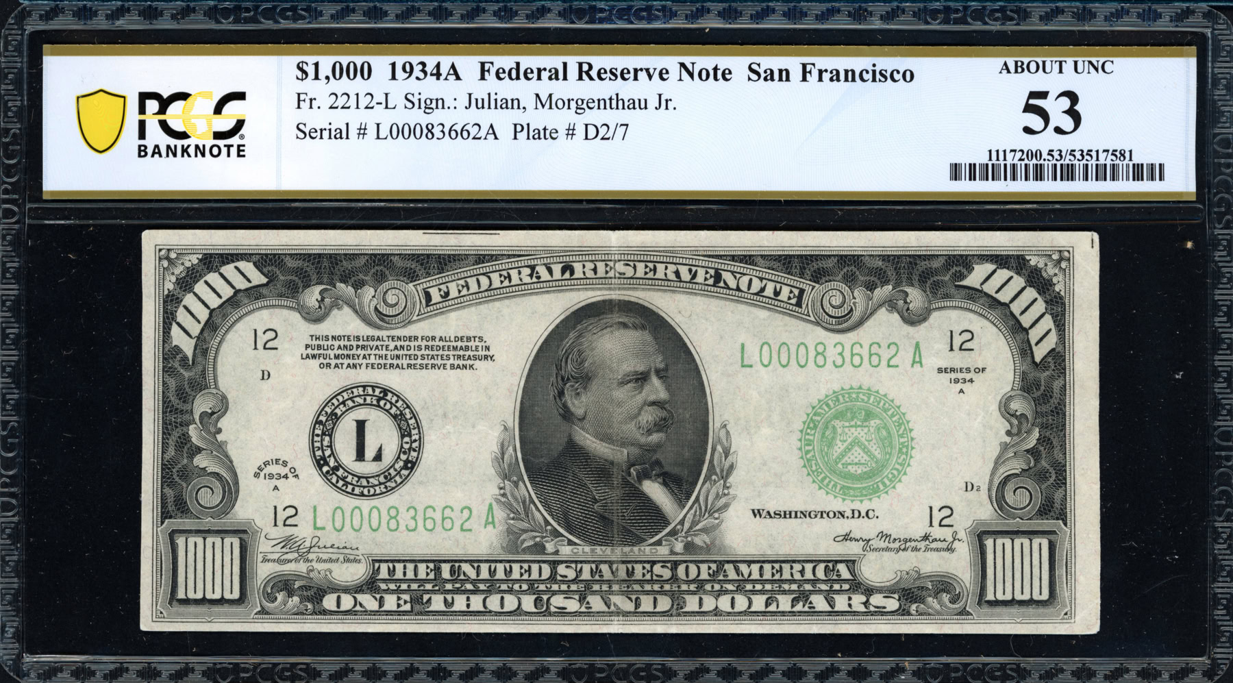 Fr. 2212-L (LA Block) 1934A $1,000 San Francisco Federal Reserve Note ...