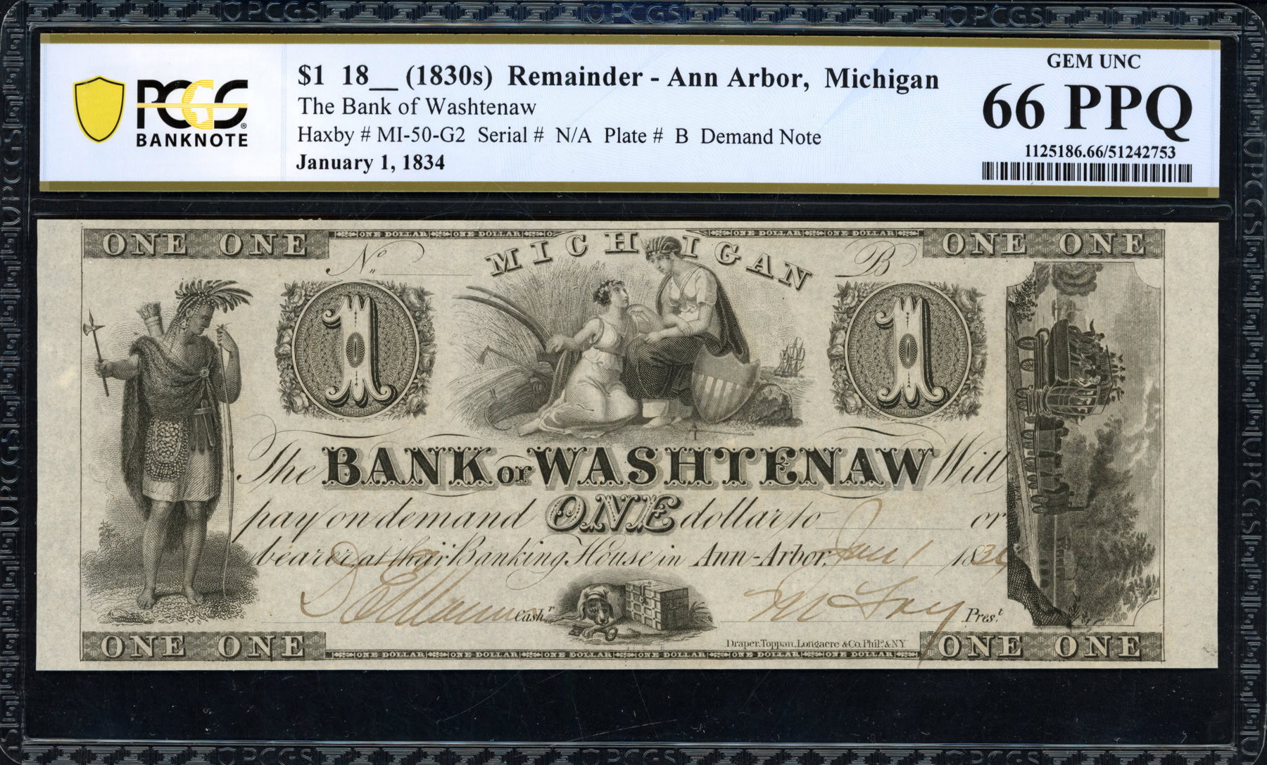 Jul. 1, 1834 Ann Arbor, Michigan Bank of Washtenaw $1 Remainder Note ...