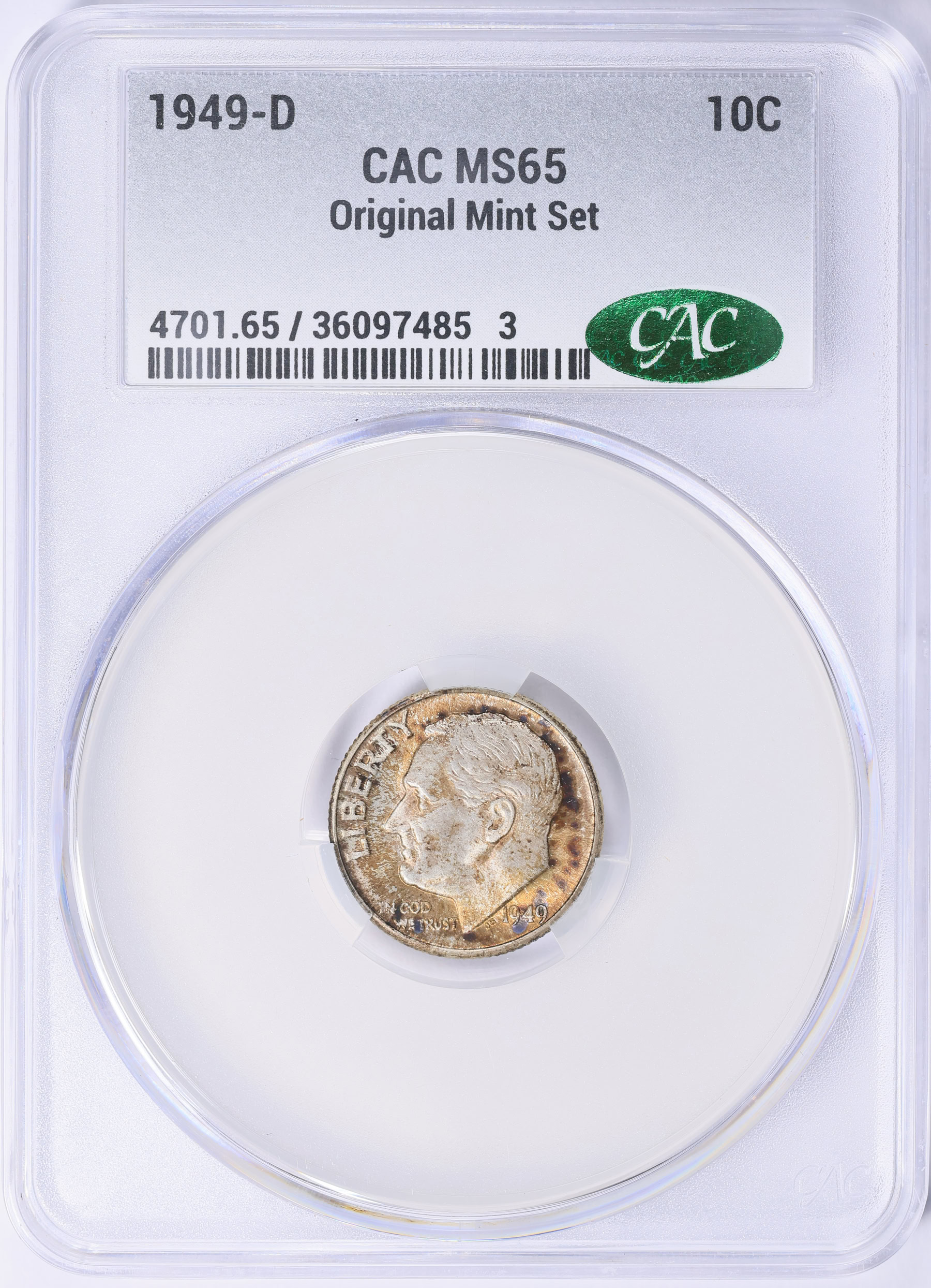 1949-D Roosevelt Dime CACG MS-65 (Toned) (Item 2078866 ...