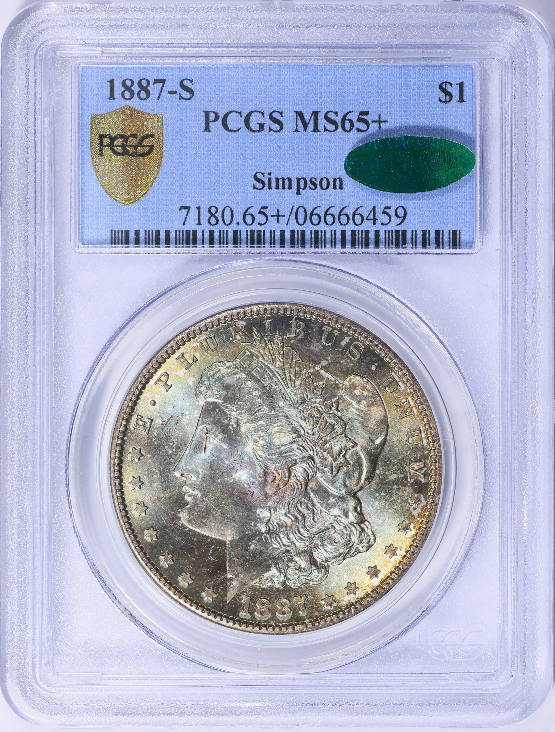 1887-S Morgan Silver Dollar PCGS MS-65+ (CAC Green) (Toned) (Simpson ...