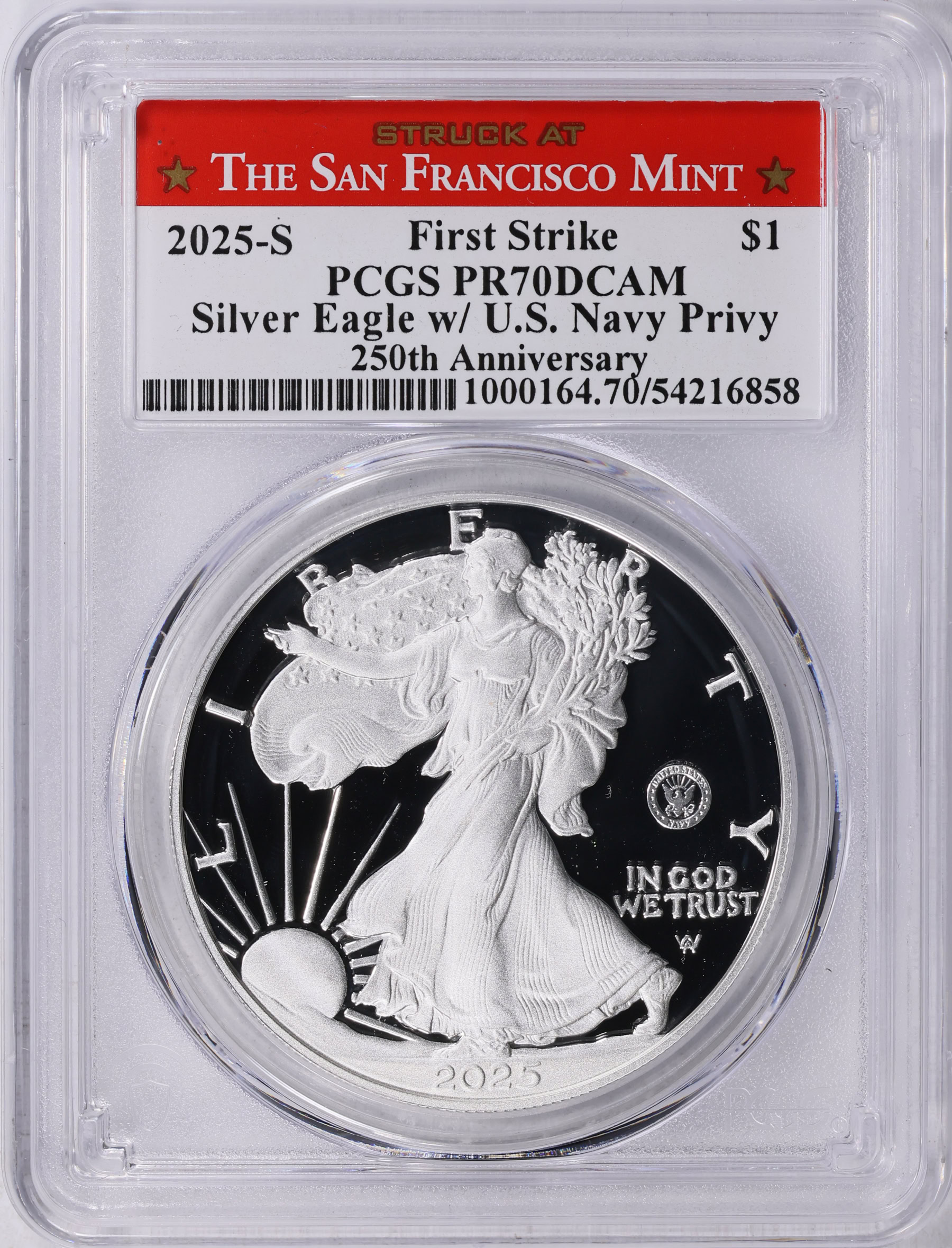 2025-S $1 Silver Eagle U.S. Navy Privy 250th Anniversary First Strike ...