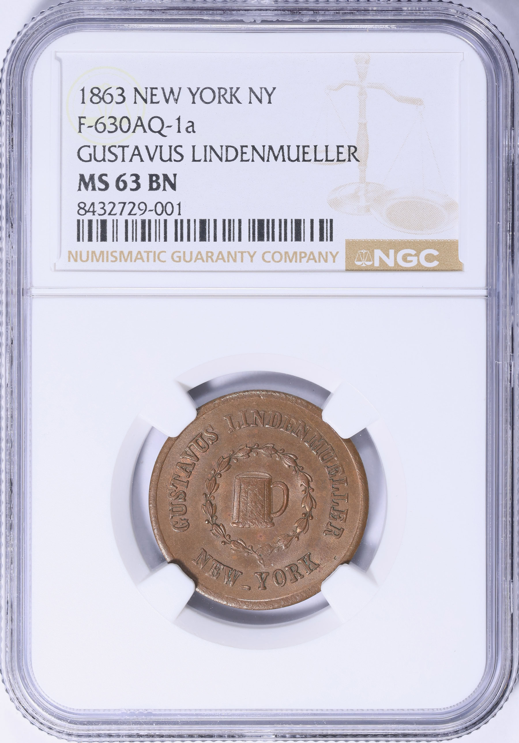 1863 New York City, New York Gustavus Lindenmueller Civil War Token F ...