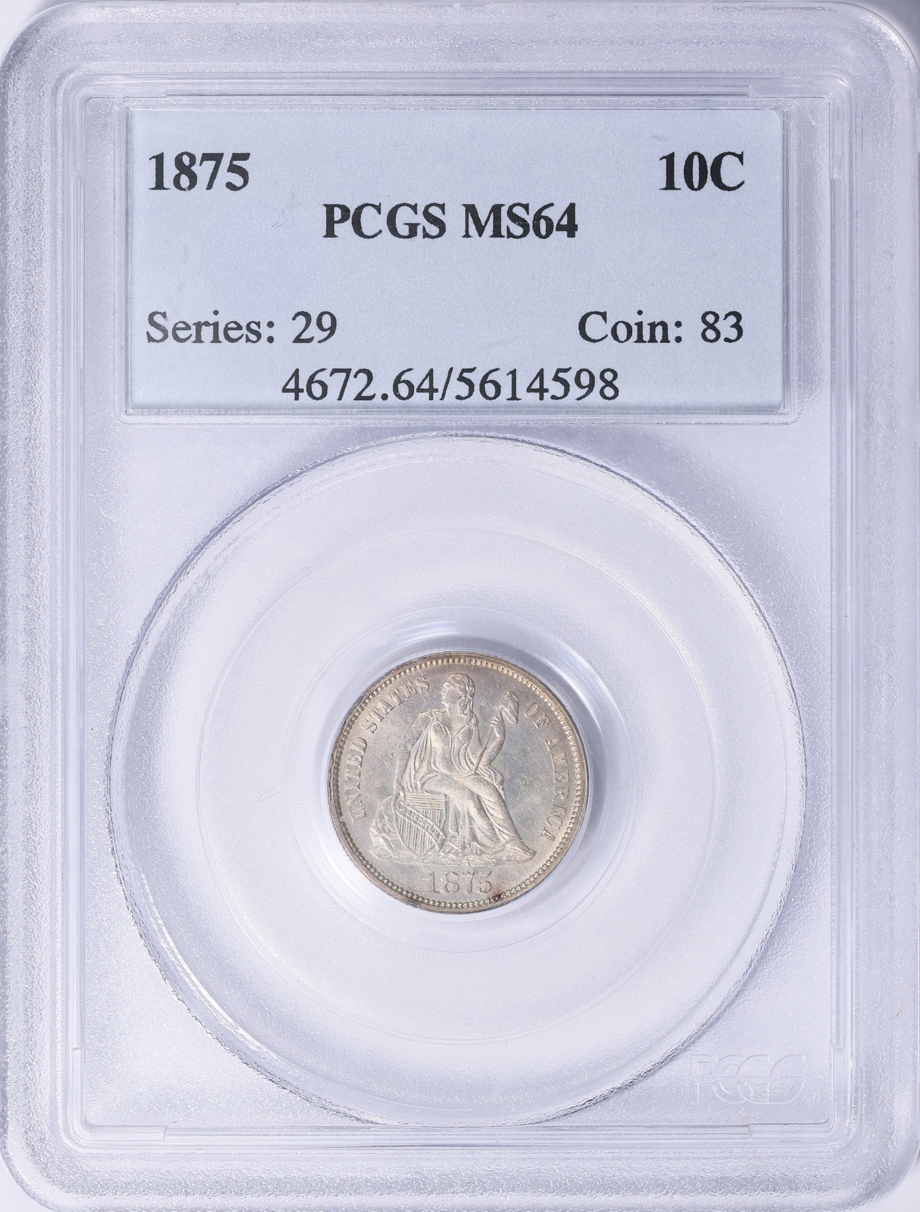 1875 Seated Liberty Dime PCGS MS-64 (Item 2082223) | GreatCollections ...