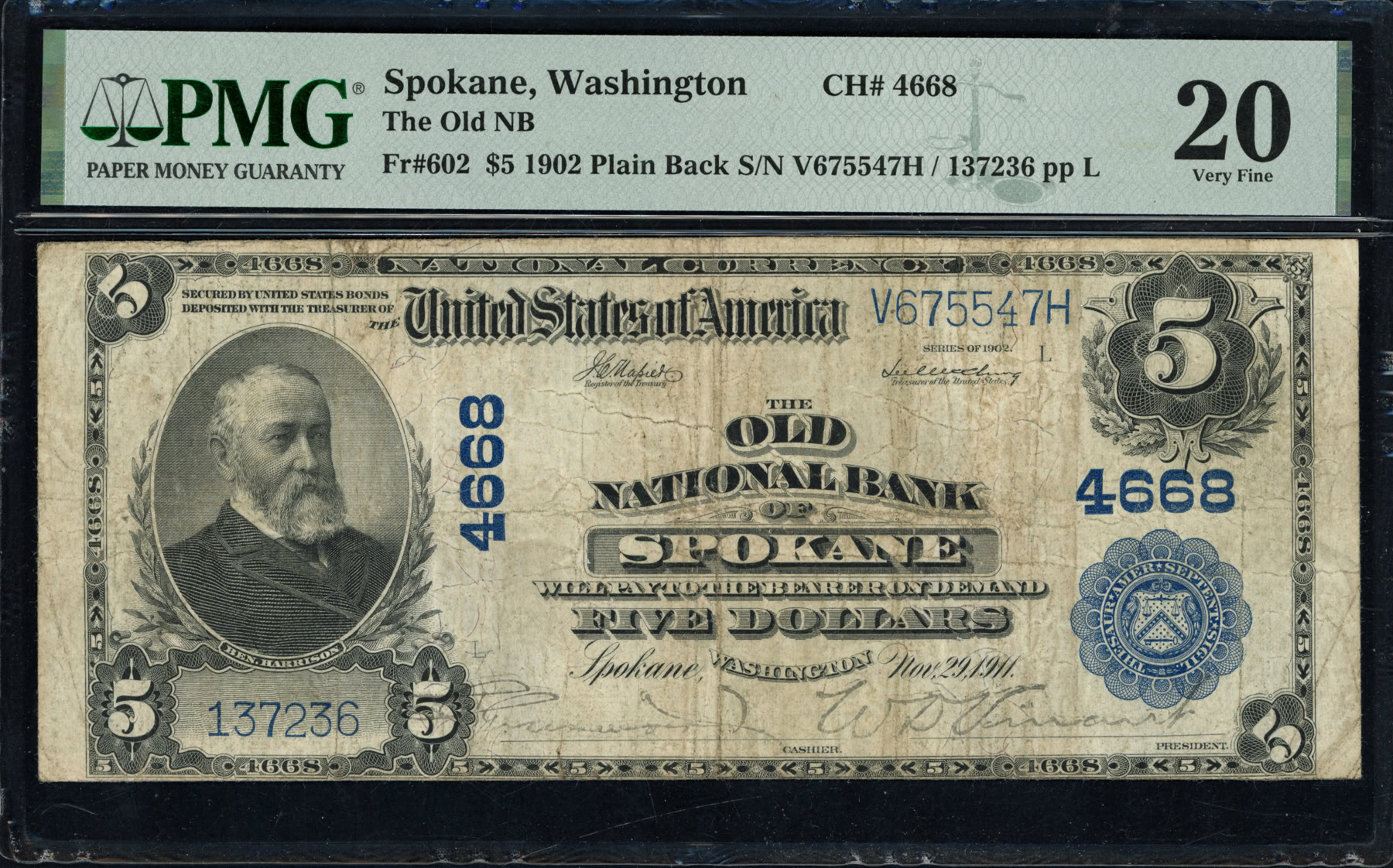 Fr. 602 Spokane, Washington 1902 $5 Plain Back Note The Old National ...