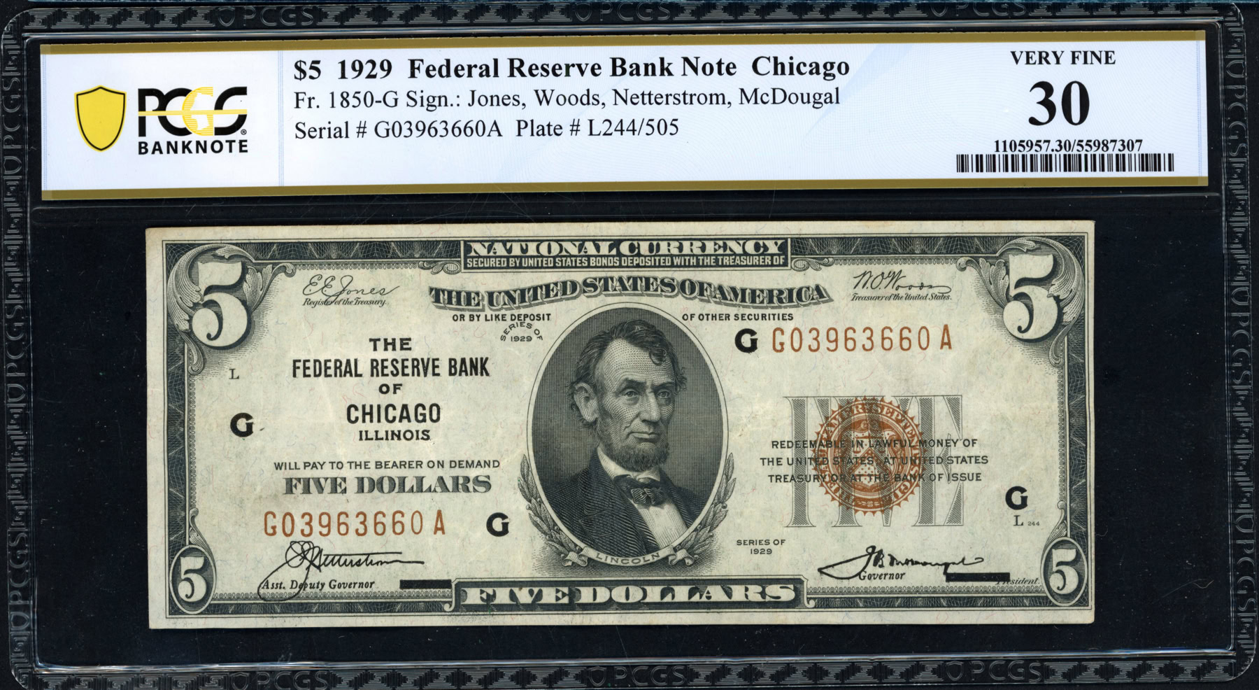 Fr. 1850-G (GA Block) 1929 $5 Chicago Federal Reserve Bank Note Jones ...