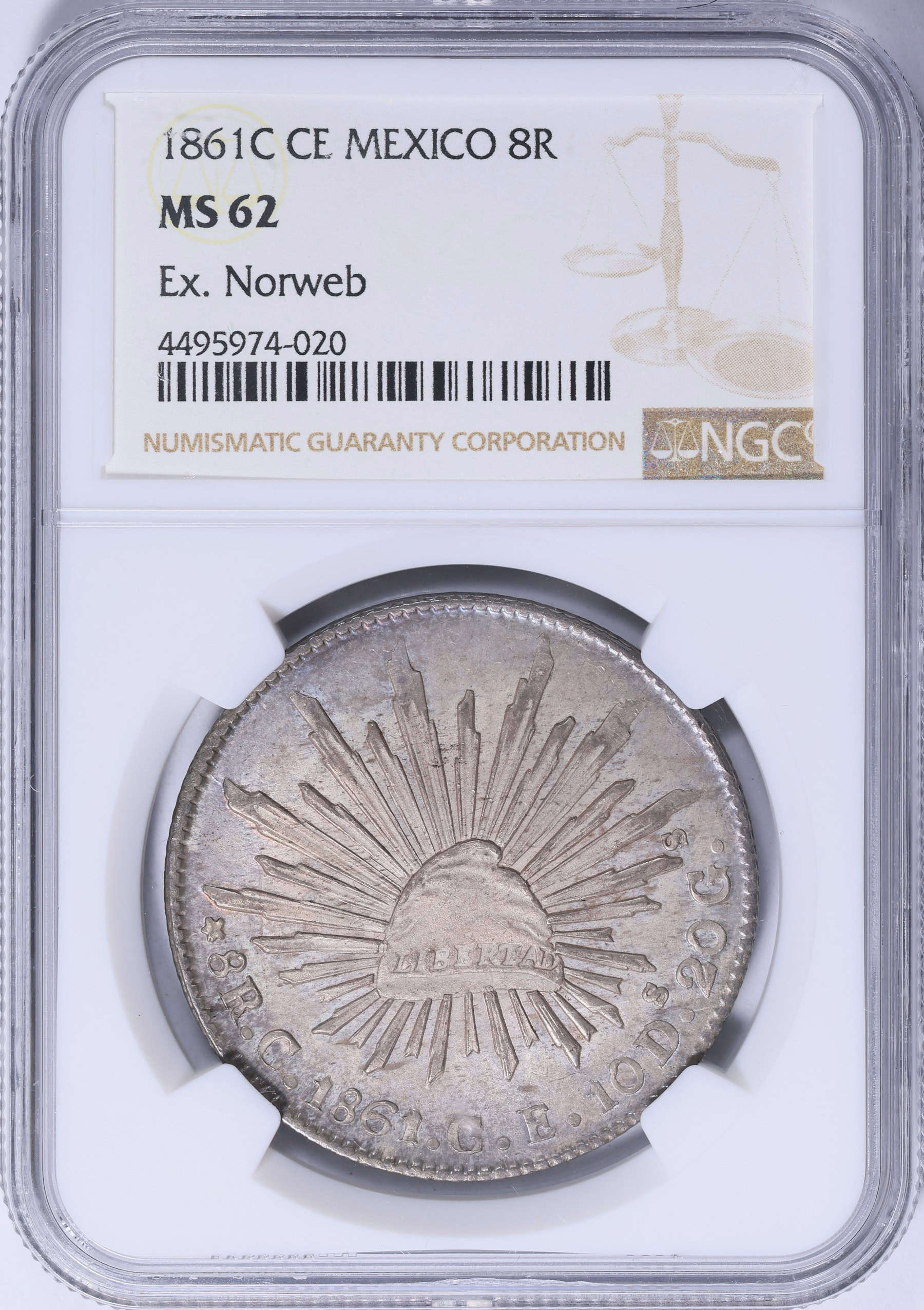 Mexico 1861-C CE Silver 8 Reales KM-377.3 NGC MS-62 (Toned) (Ex: Norweb ...
