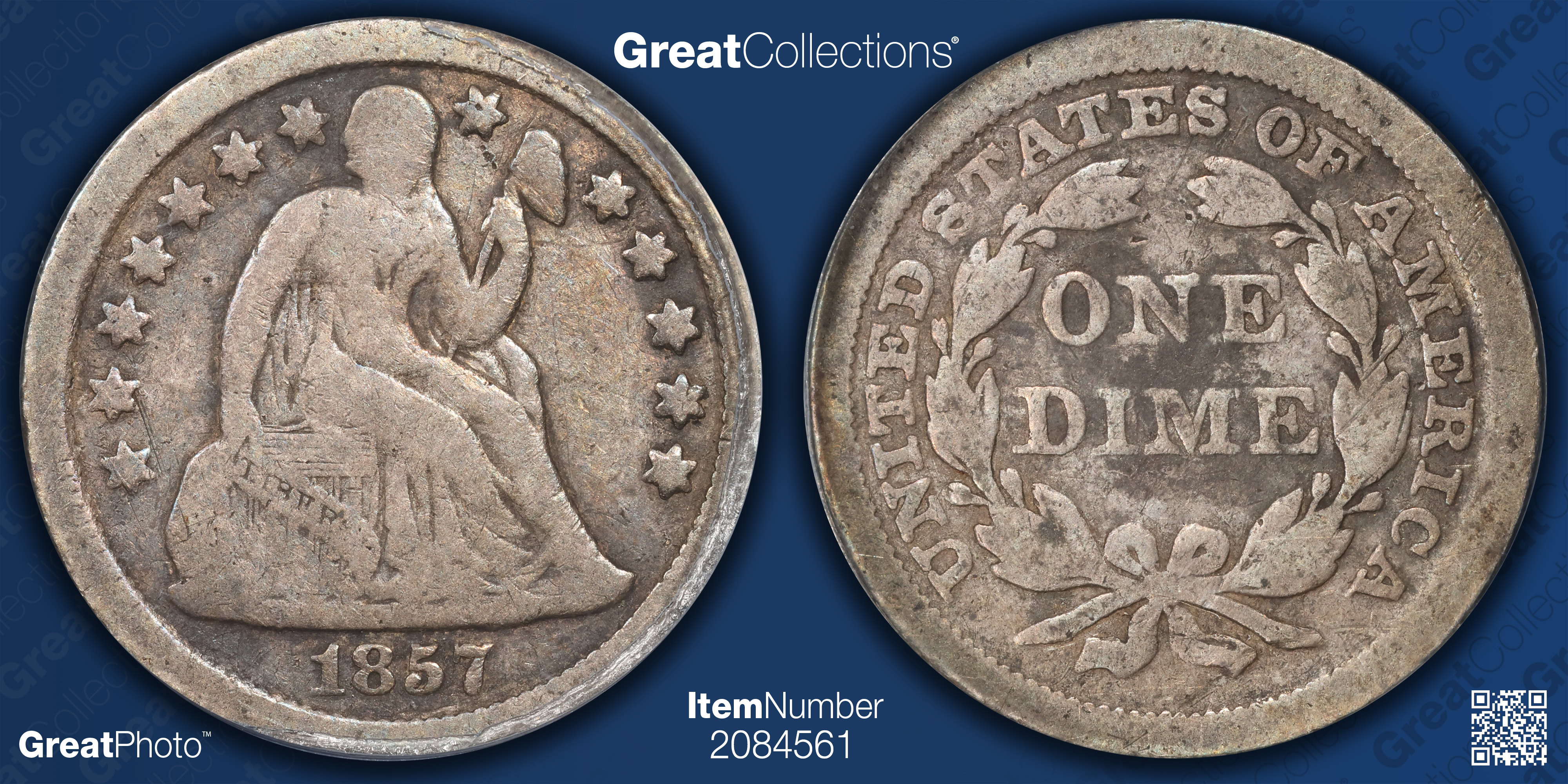 1857 Seated Liberty Dime ANACS VG-08 (Item 2084561) | GreatCollections ...