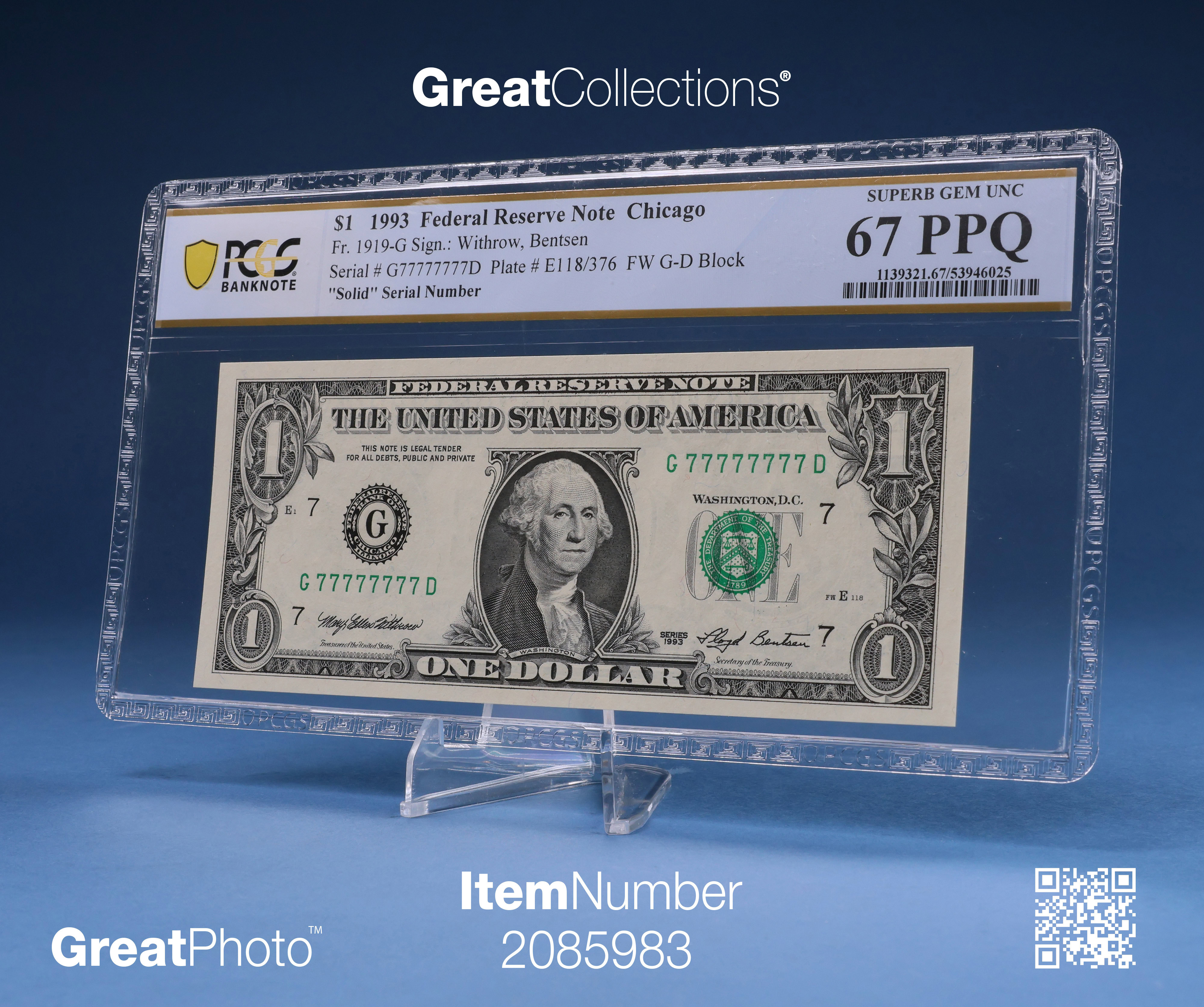 Fr. 1919-G (GD Block) 1993 $1 Chicago Federal Reserve Note *Solid 7s ...