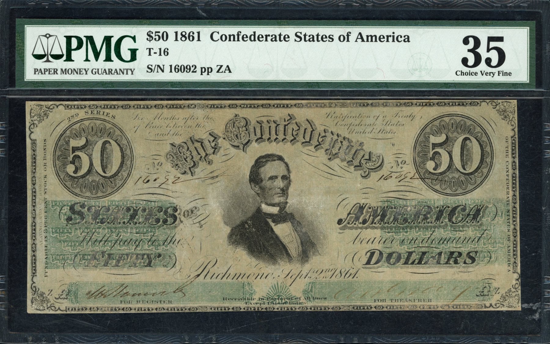T-16 Confederate States of America 1861 $50 Note PMG Choice Very Fine ...