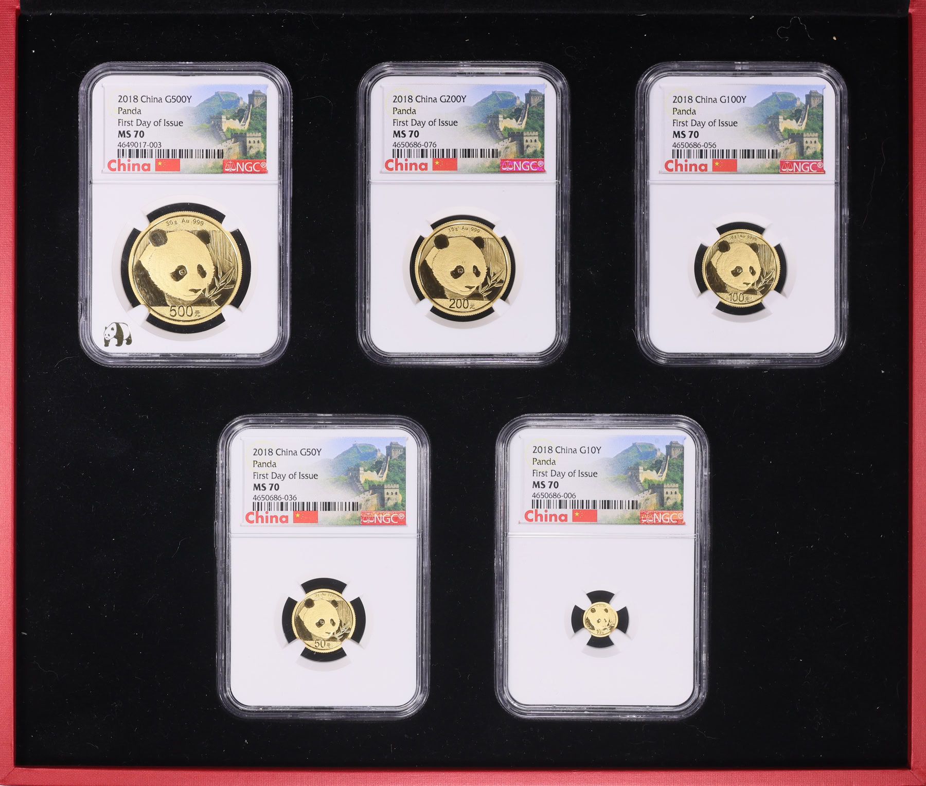 China 2018 Gold 10, 50, 100, 200 and 500 Yuan Panda Set in Case of ...