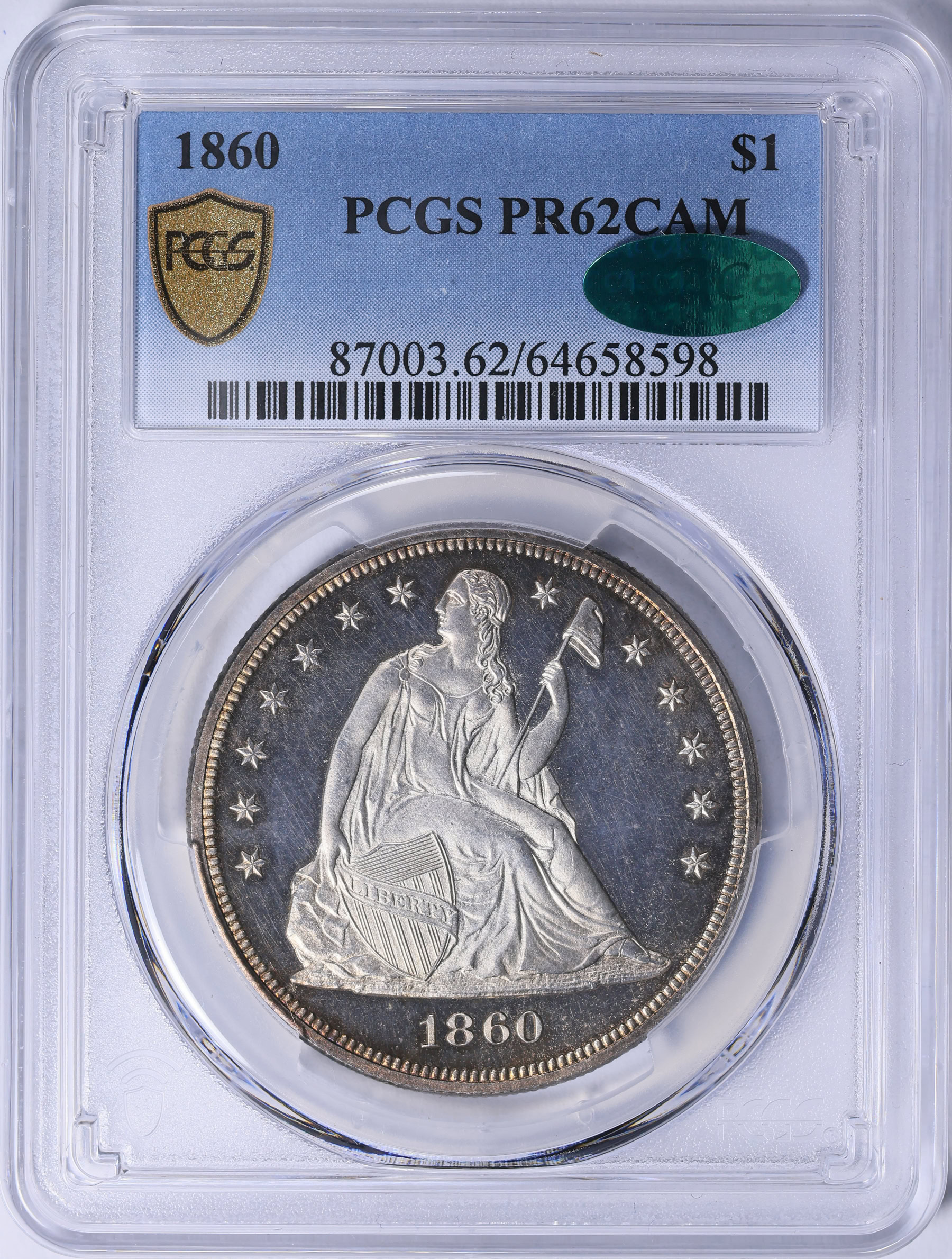 1860 Seated Liberty Silver Dollar PCGS Proof-62 CAMEO (CAC Green ...