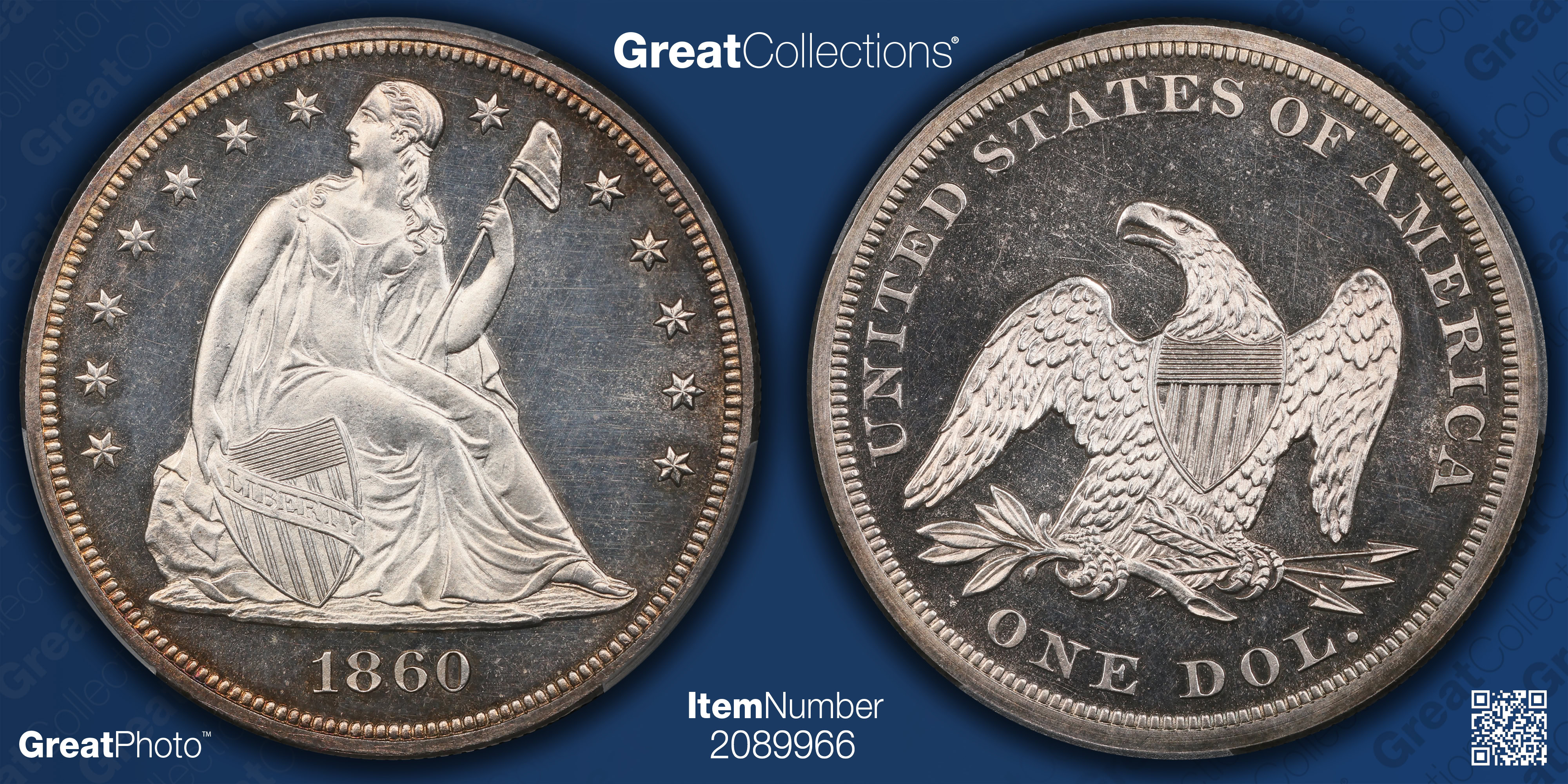 1860 Seated Liberty Silver Dollar PCGS Proof-62 CAMEO (CAC Green ...