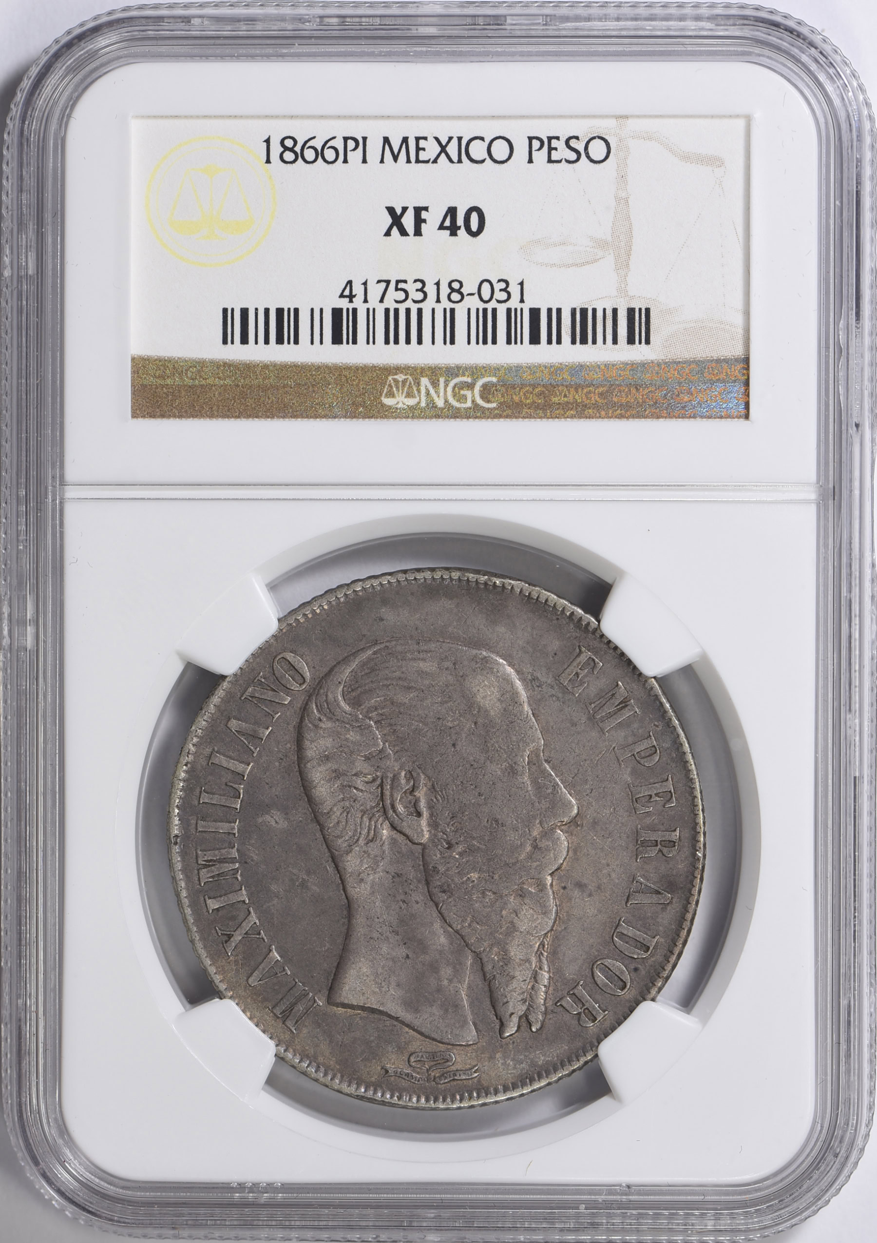 Mexico - Empire of Maximilian 1866-Pi Silver Peso KM-388.2 NGC XF-40 ...