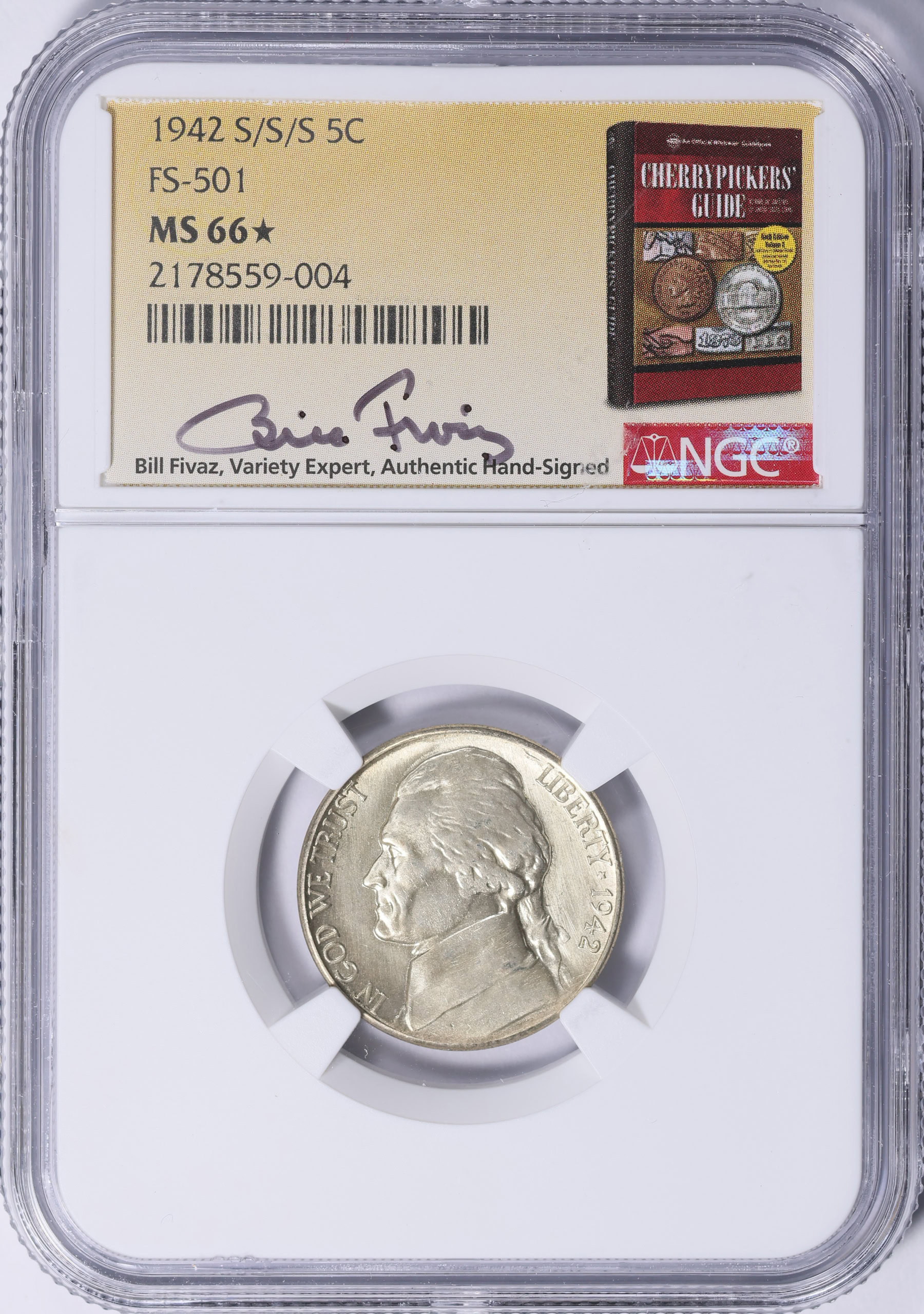 1942-S/S/S Jefferson Nickel FS-501 NGC MS-66 ★ (Bill Fivaz Signed Label ...