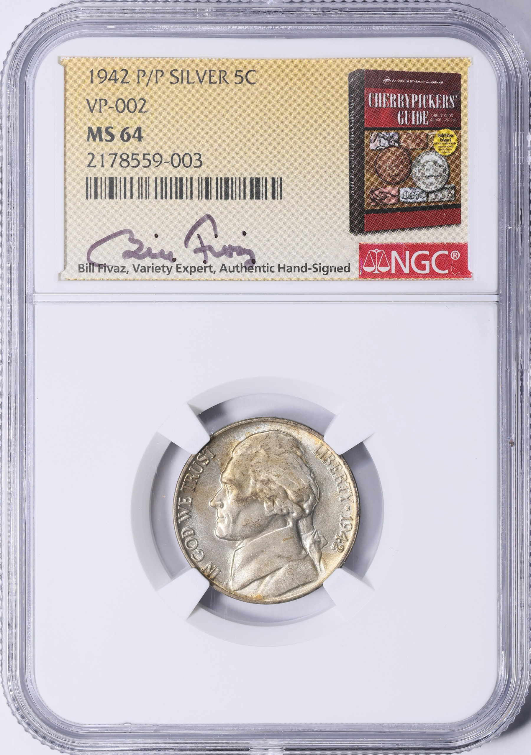 1942-P/P Jefferson Nickel VP-002 NGC MS-64 (Bill Fivaz Signed Label ...