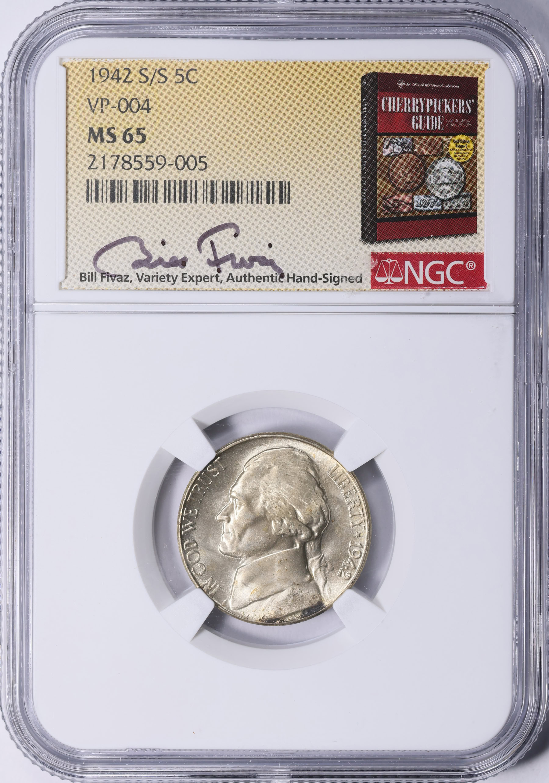 1942-S/S Jefferson Nickel VP-004 NGC MS-65 (Bill Fivaz Signed Label ...