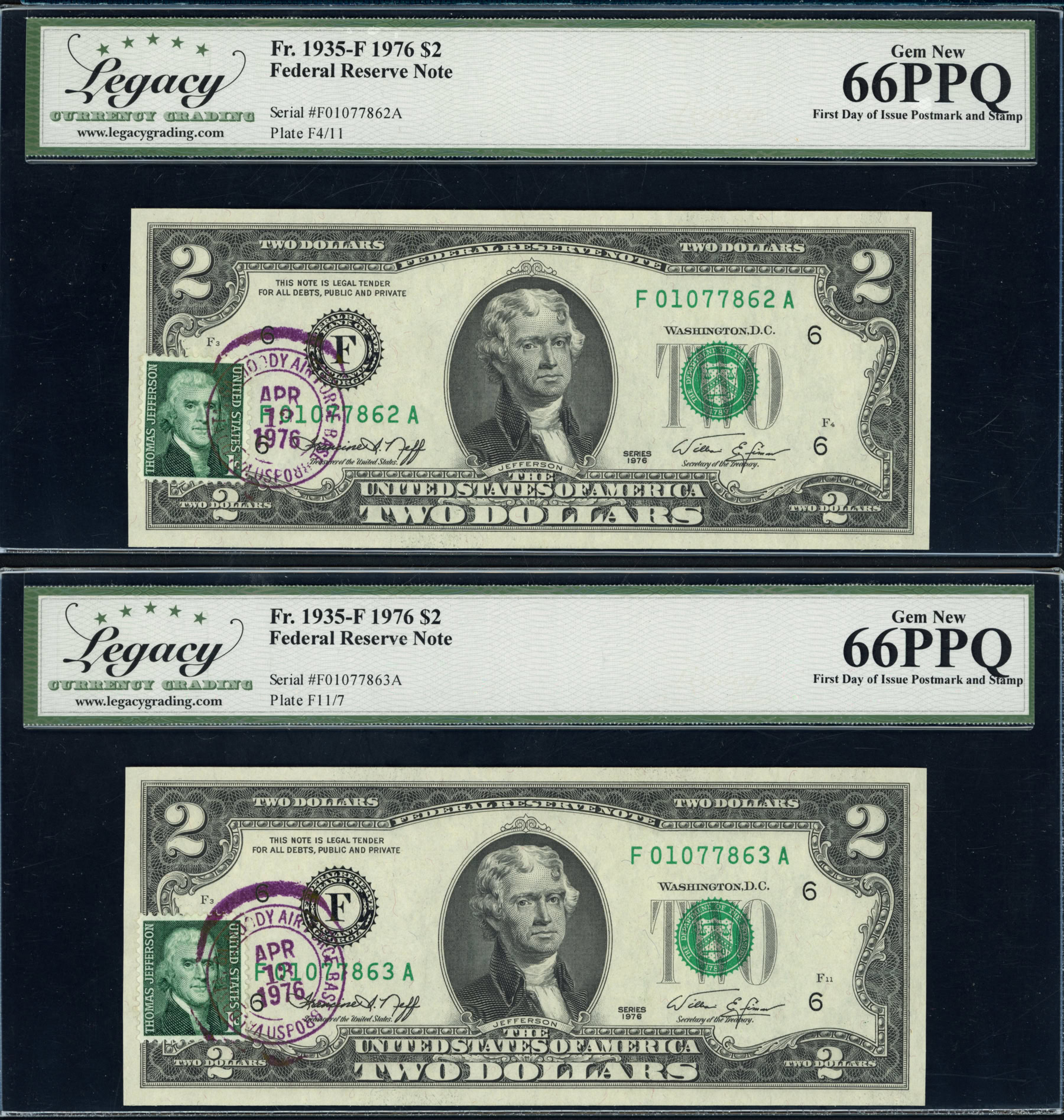 Fr. 1935-F (FA Block) 1976 $2 Federal Reserve Notes *Sequential Serial ...