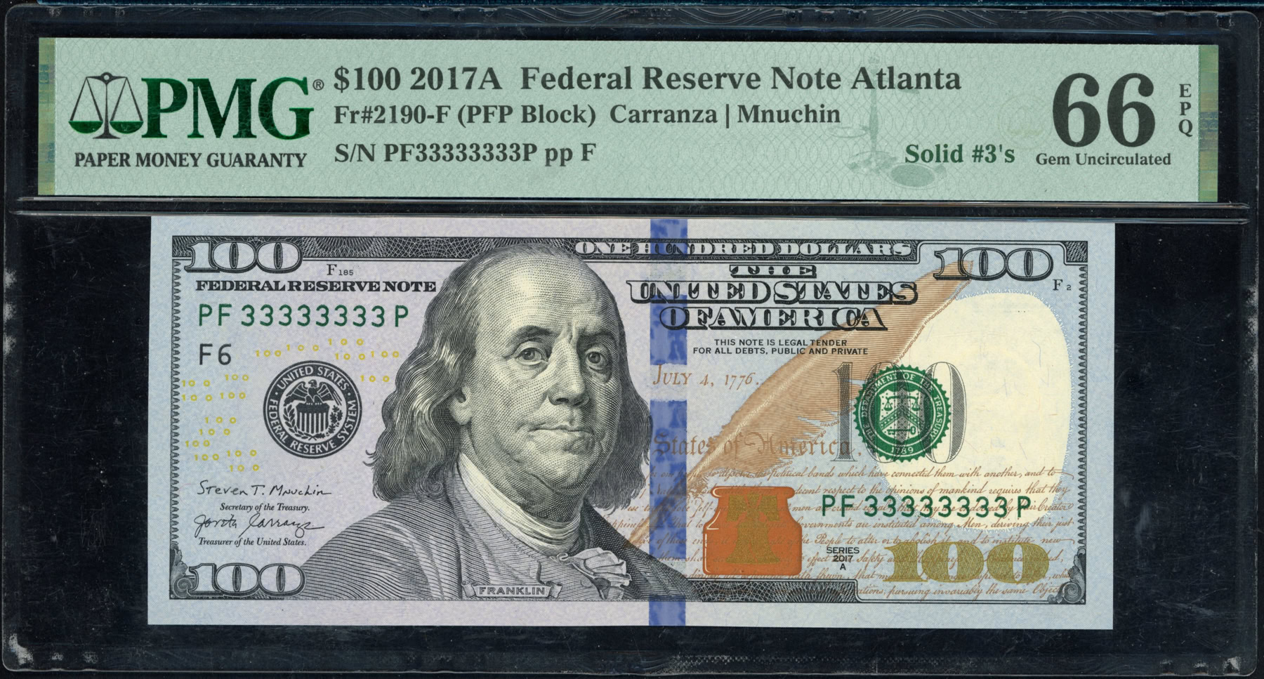 Fr. 2190-F (PFP Block) 2017A $100 Atlanta Federal Reserve Note *Solid ...
