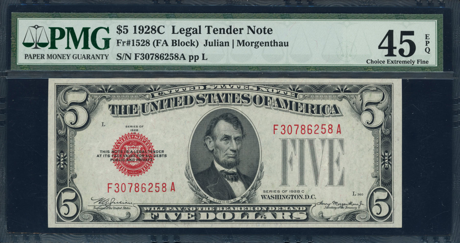 Fr. 1528 (FA Block) 1928C $5 Legal Tender Note Julian / Morgenthau PMG ...
