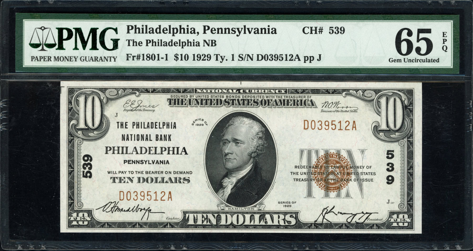 Fr. 1801-1 Philadelphia, Pennsylvania 1929 Type 1 $10 Note The ...